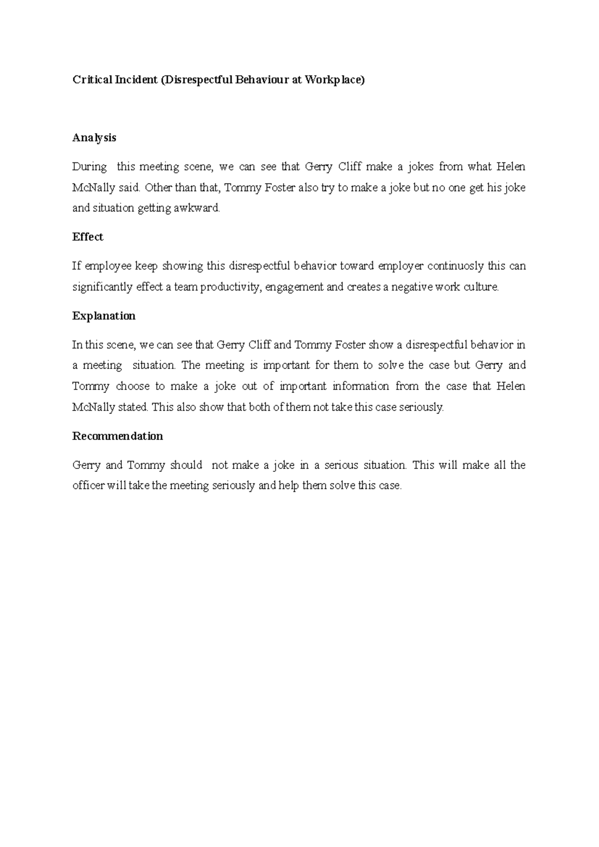 Critical Incident example for video critique - Critical Incident ...