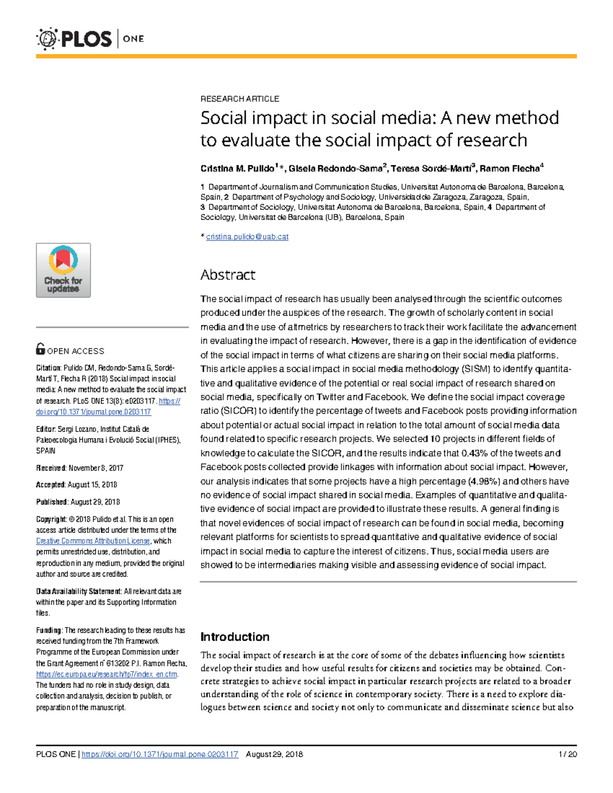 File - for research - RESEARCH ARTICLE Social impact in social media: A ...