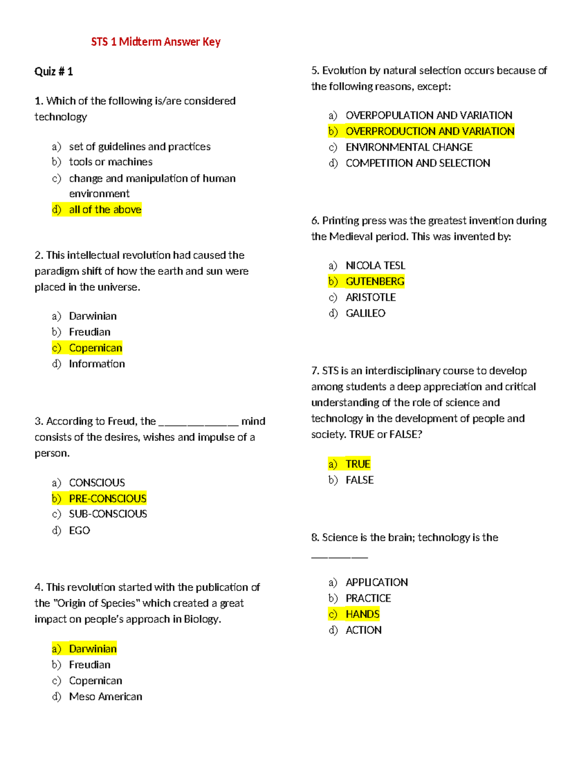 STS 1 Midterm Answer Key - a) Darwinian b) Freudian c) Copernican d ...
