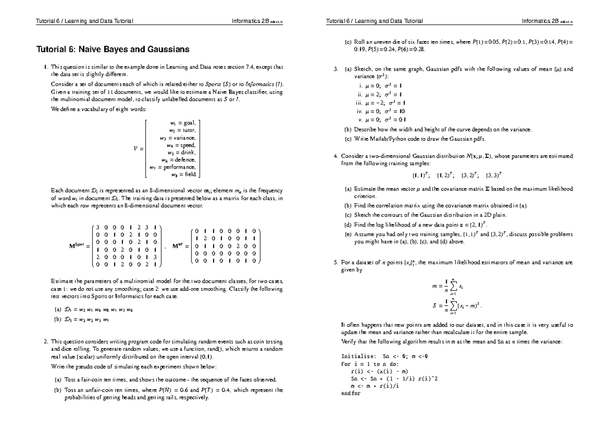 Tutorial 06 - Naive Bayes and Gaussians, Questions. - Tutorial 6 / Learning and Data Tutorial ...