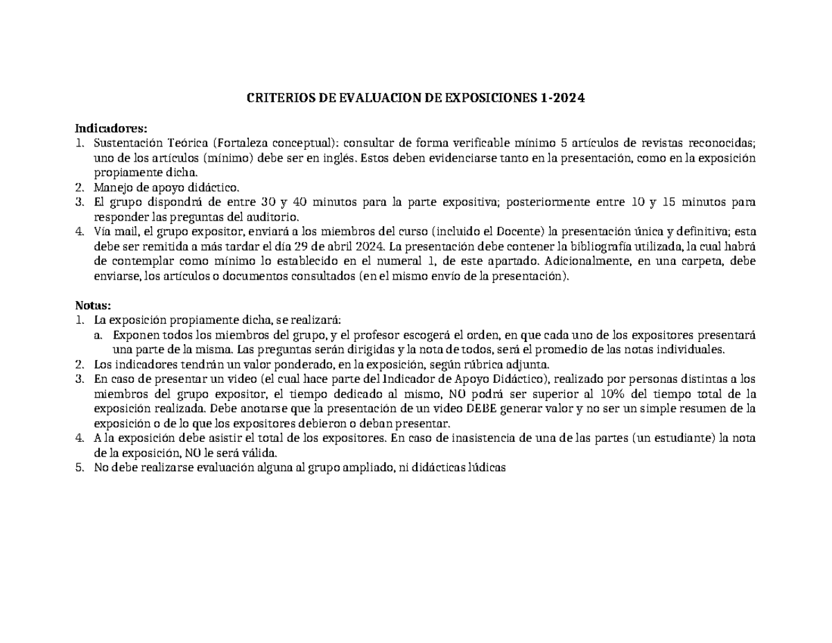 2. Criterios Evaluaci¢n de Exposici¢n - CRITERIOS DE EVALUACION DE EXPOSICIONES 1- Indicadores ...