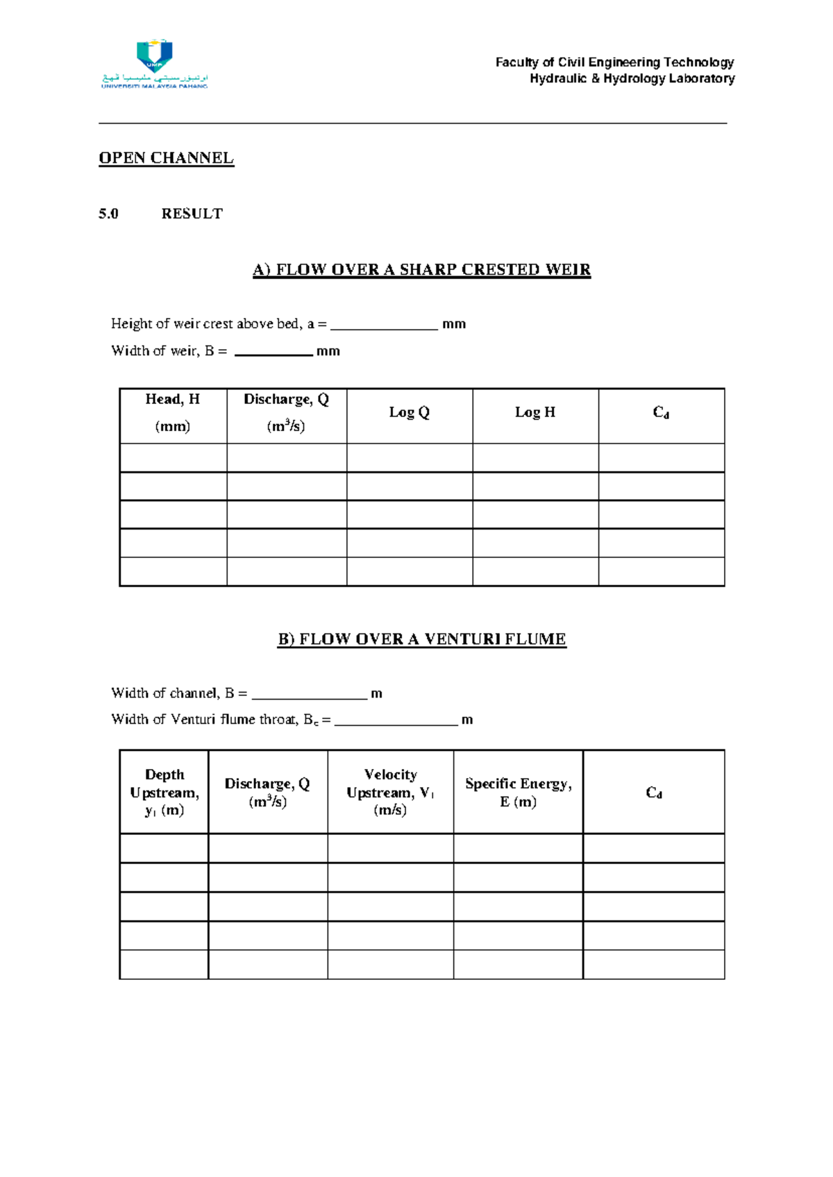 Flow over a sharp crested weir - Faculty of Civil Engineering ...