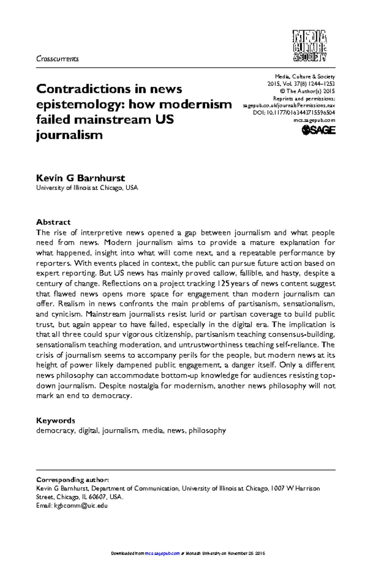 Barnhurst Contradictions in news epistemology: how modernism failed ...