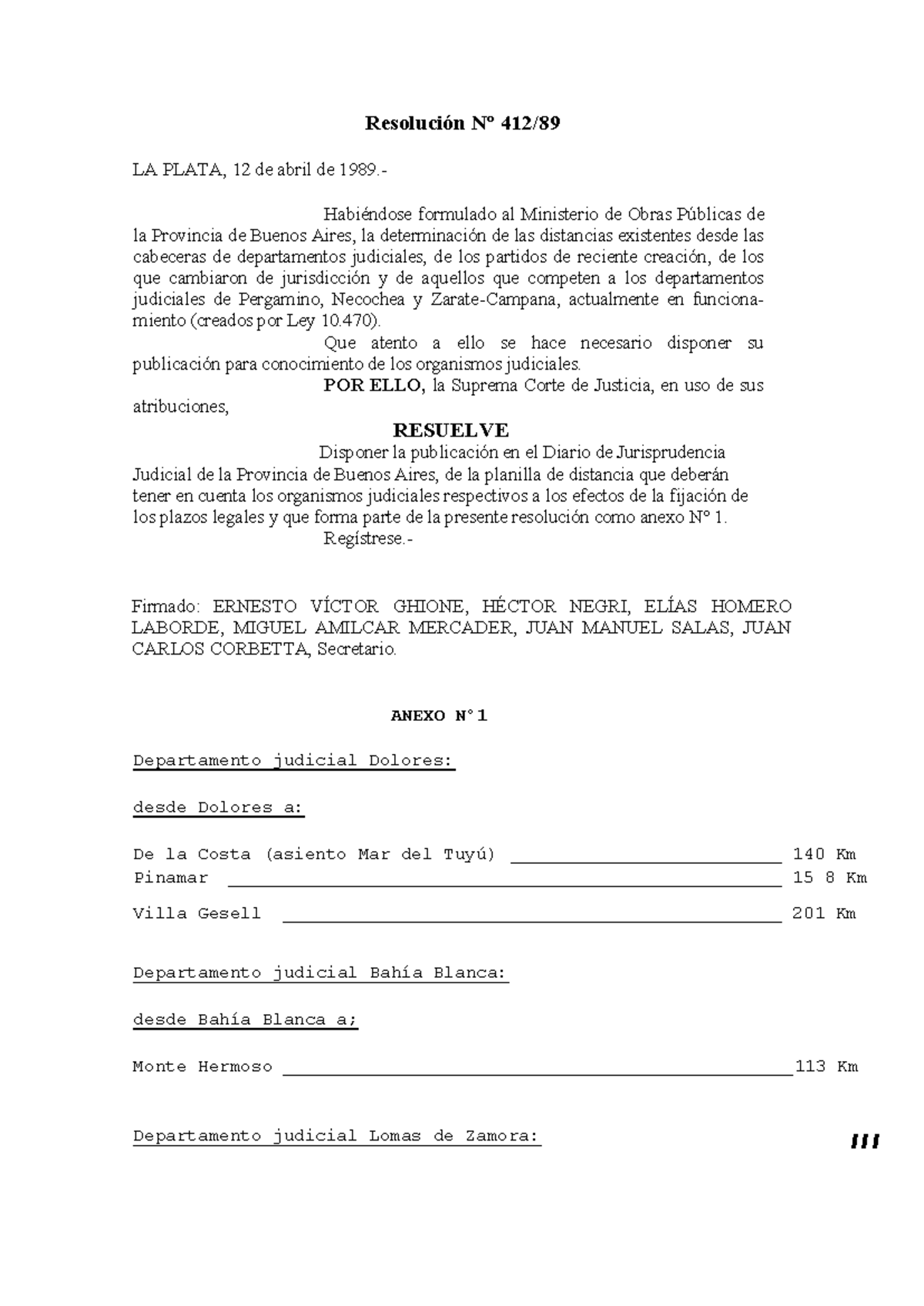 Resol SCBA 4 1 2 89 (Distancias) - I I I Resolución Nº 412/ LA PLATA, 12 de abril de 1989 ...