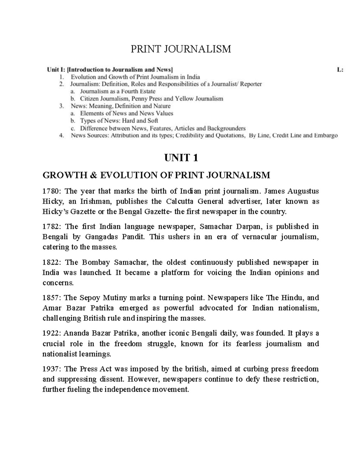 Print Journalism - PRINT JOURNALISM UNIT 1 GROWTH & EVOLUTION OF PRINT ...