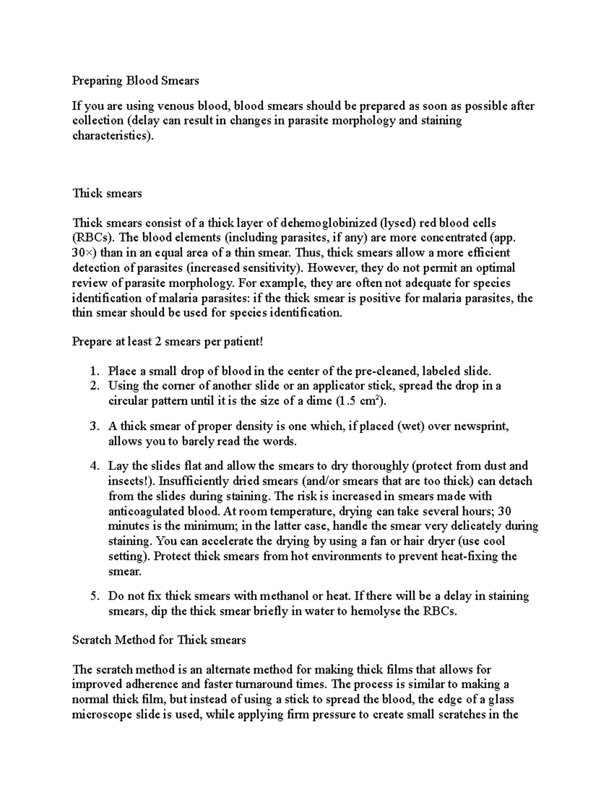 Preparing Blood Smears - Thick smears Thick smears consist of a thick ...