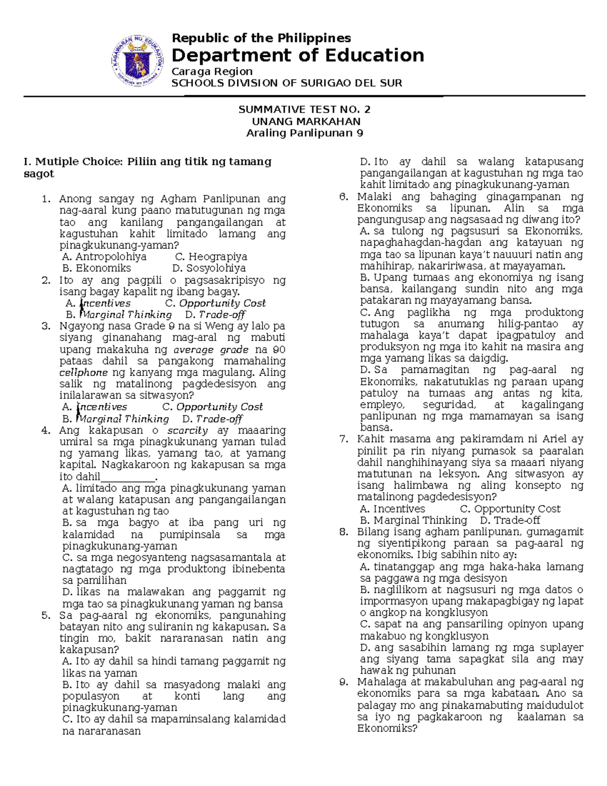 Summative Test for AP - Republic of the Philippines Department of ...