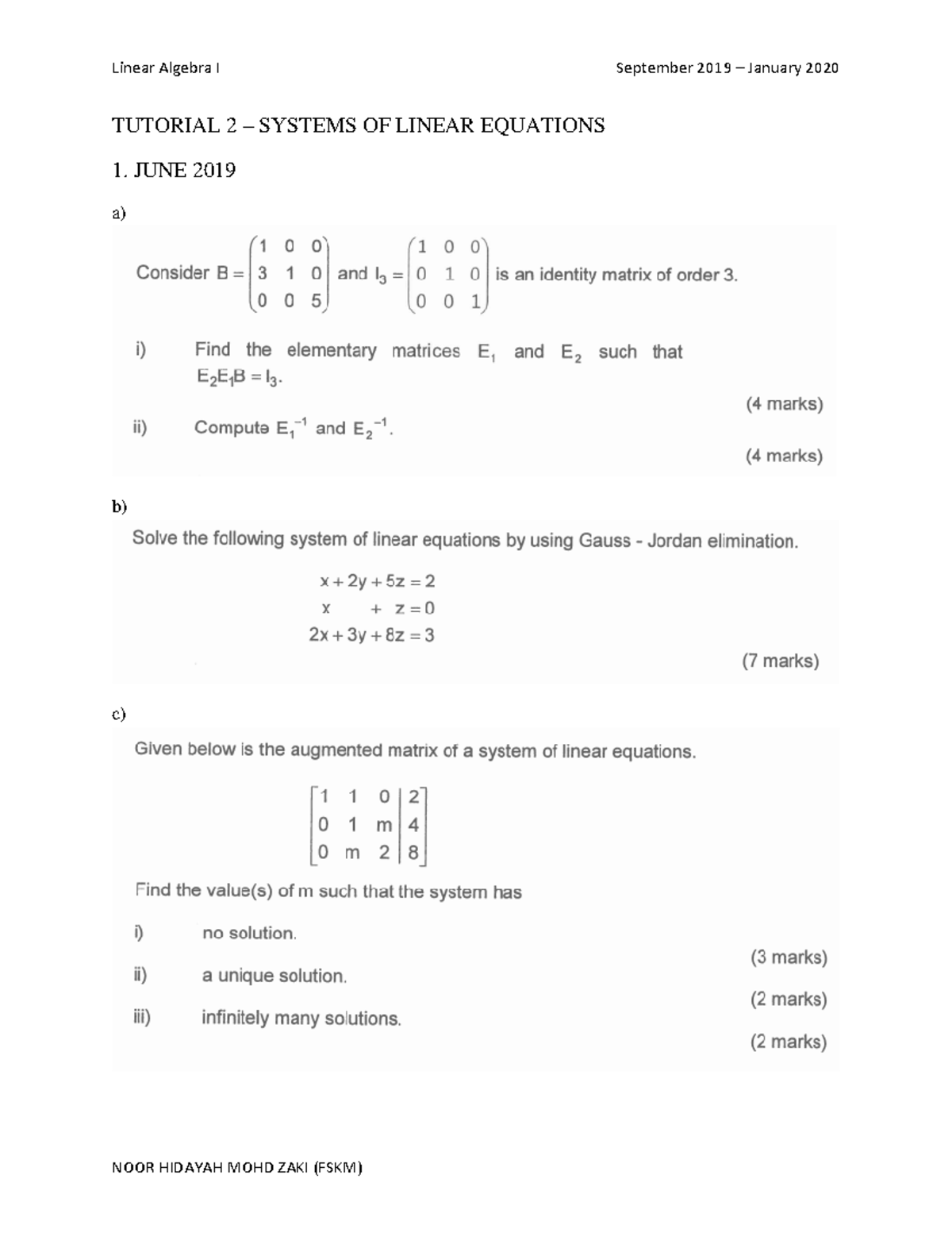 Tutorial 2 - Systems OF Linear Equations - Linear Algebra I - TUTORIAL ...