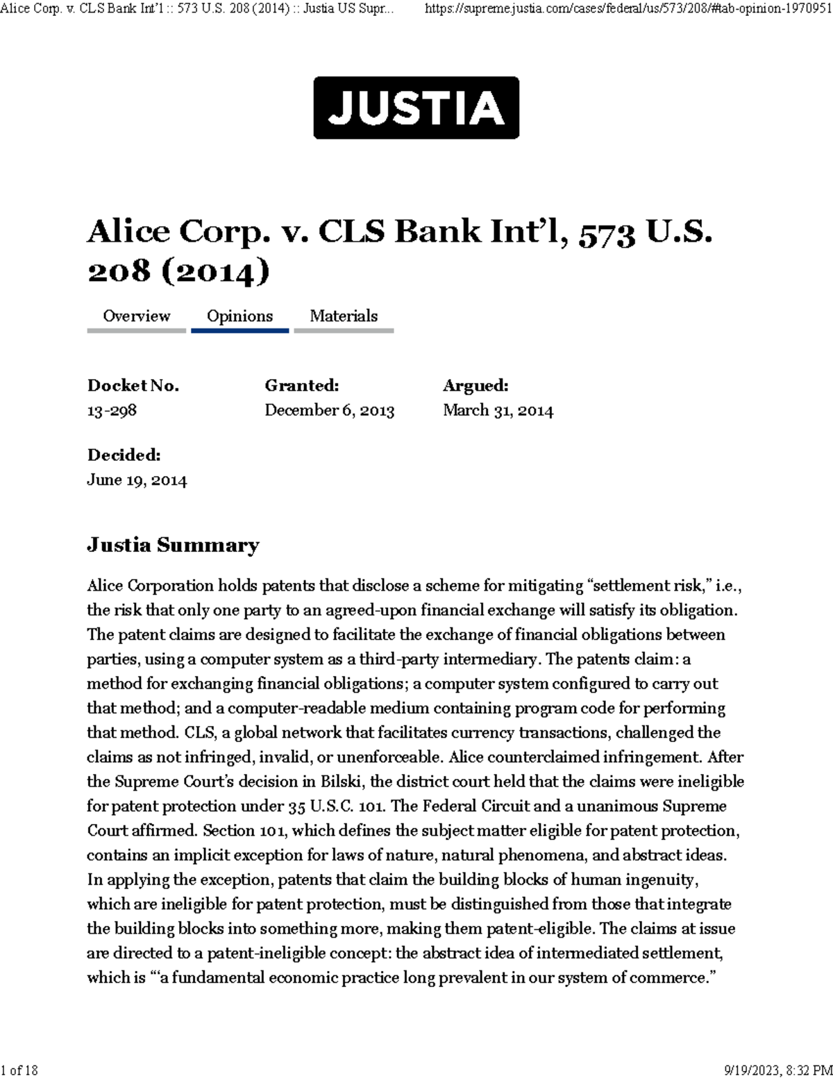 Alice Corp. v. CLS Bank Int’l, 573 U.S. 208 (2014 ) - Docket No. 13 ...
