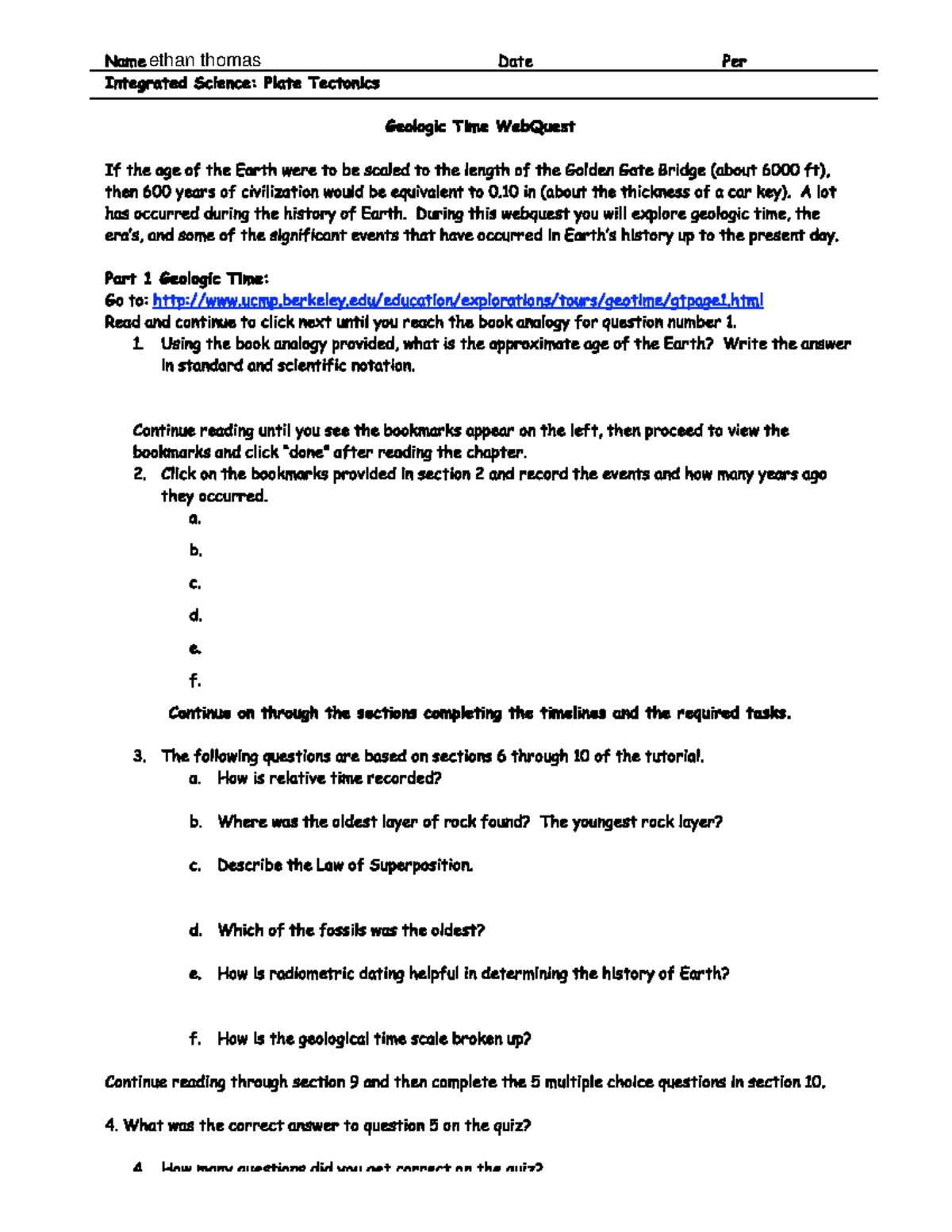Geologic Time Webquest p1 - Name ethan thomas Date Per Integrated ...