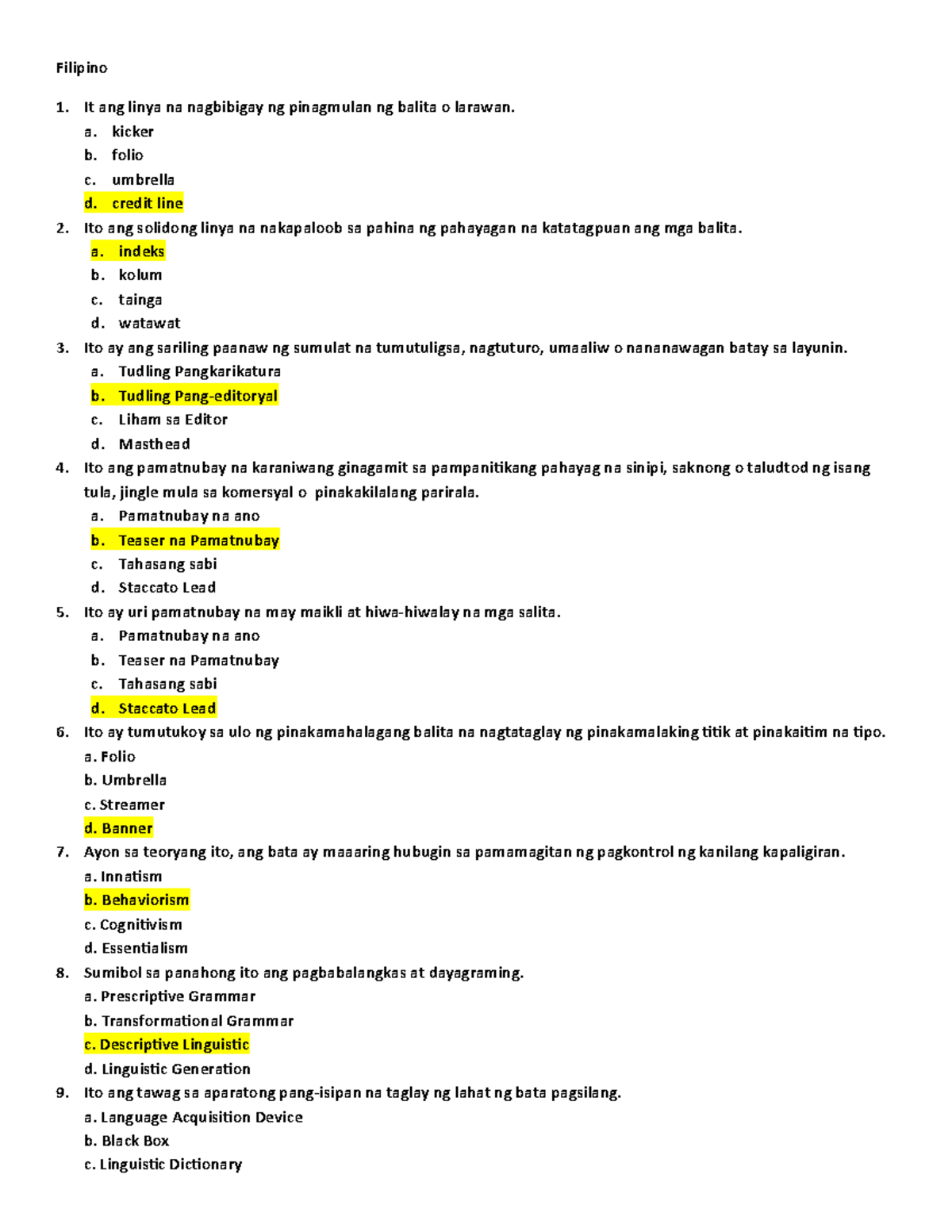 Filipino-Major - Reviewer in filipino - Filipino It ang linya na ...