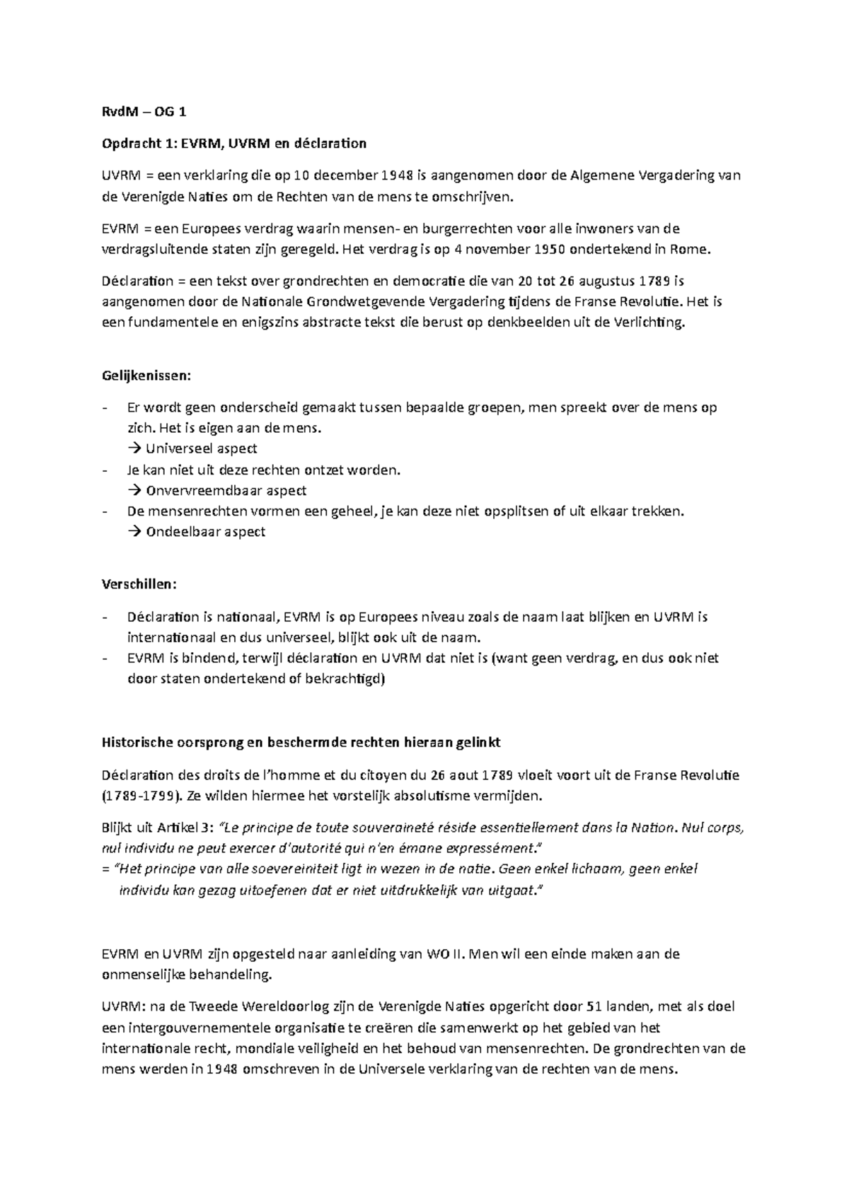 Rvd M-OG-1 Rechten van de mens - RvdM – OG 1 Opdracht 1: EVRM, UVRM en ...