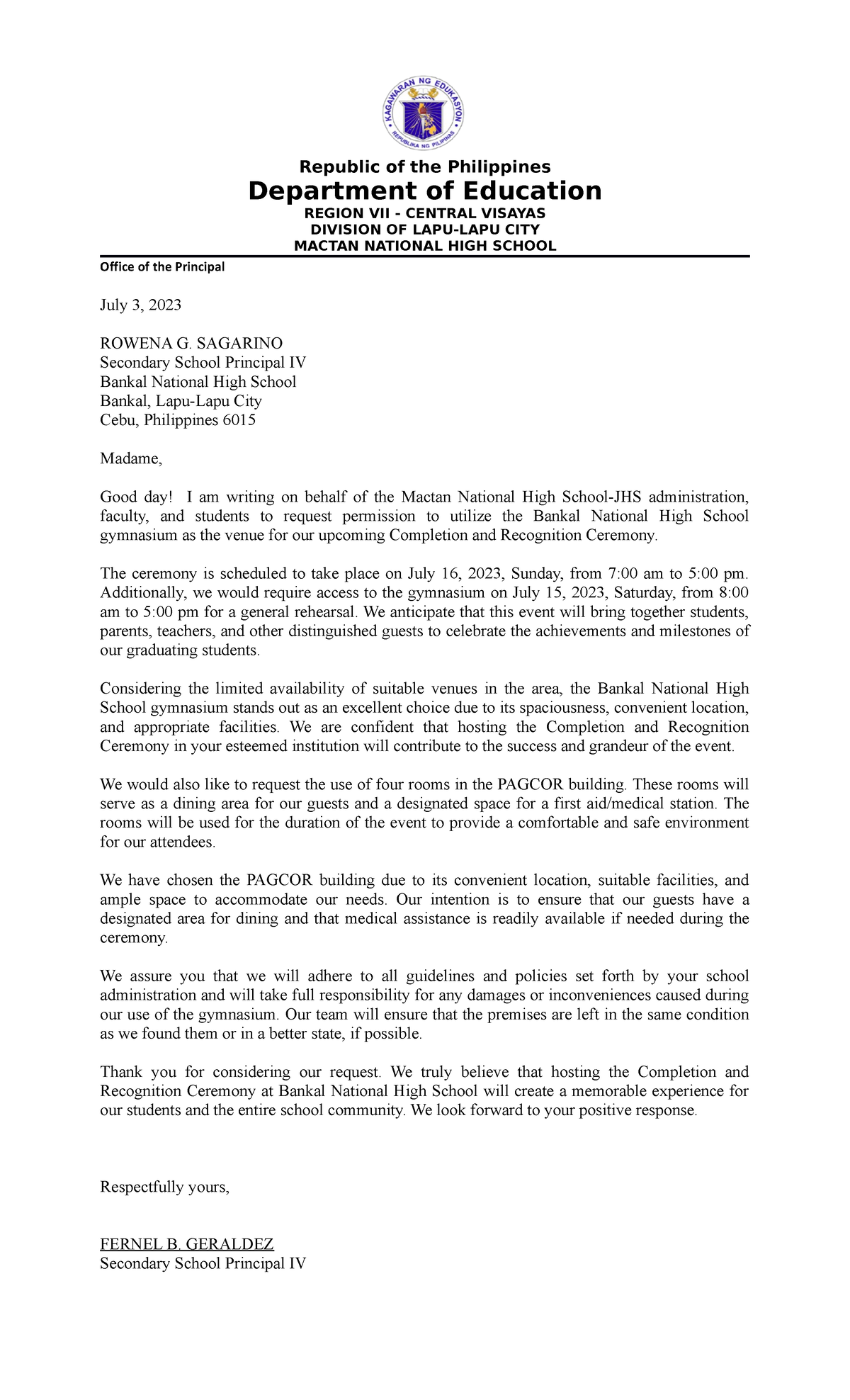 Request Letter for use of bankal gym - Republic of the Philippines Department of Education ...