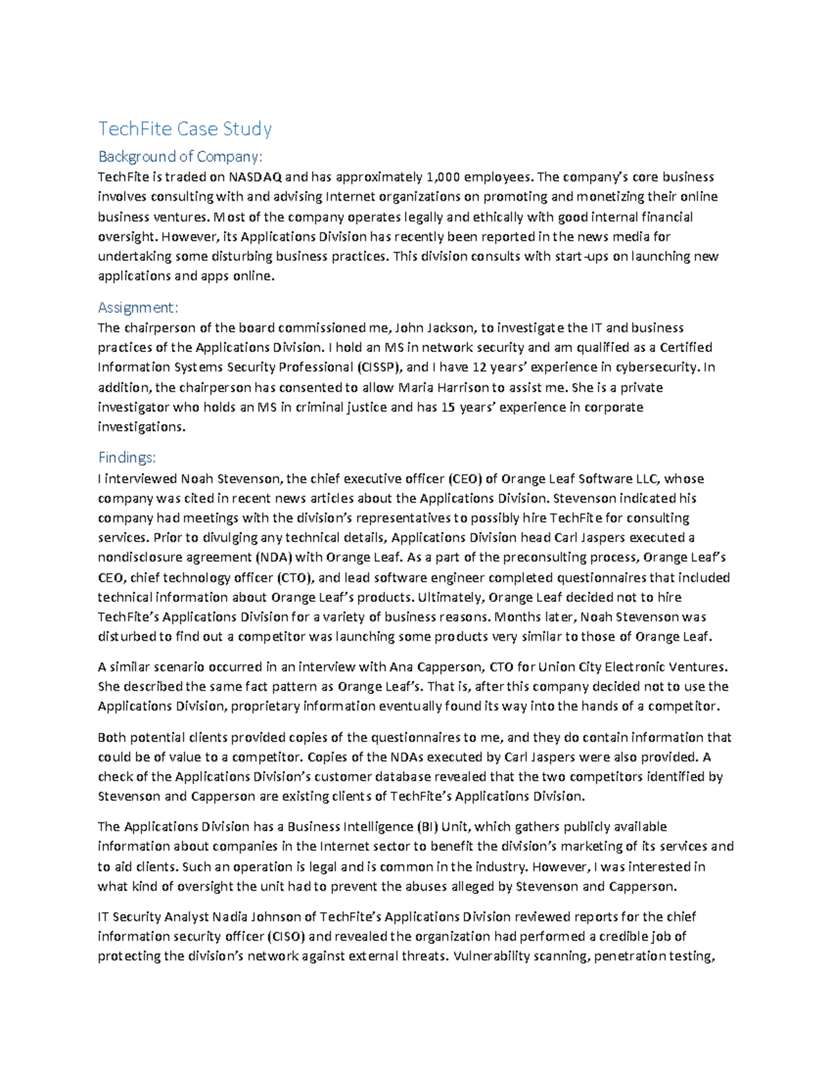 Tech Fite - Summary - TechFite Case Study Background of Company ...