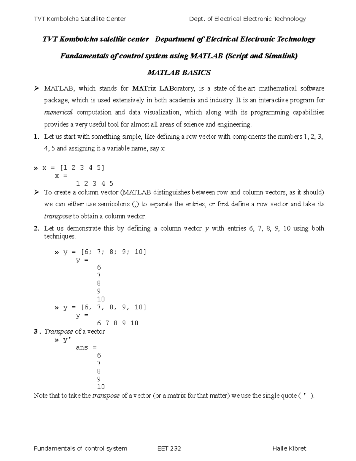 Matlab Basics - TVT Kombolcha satellite center Department of Electrical Electronic Technology ...