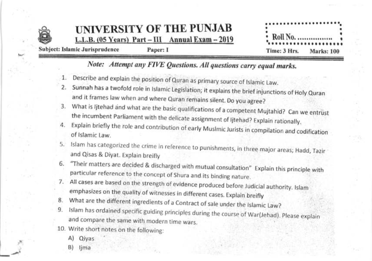 LLB PIII 5Year Paper 1 - practice - Islamic Jurisprudence Paper: I ...