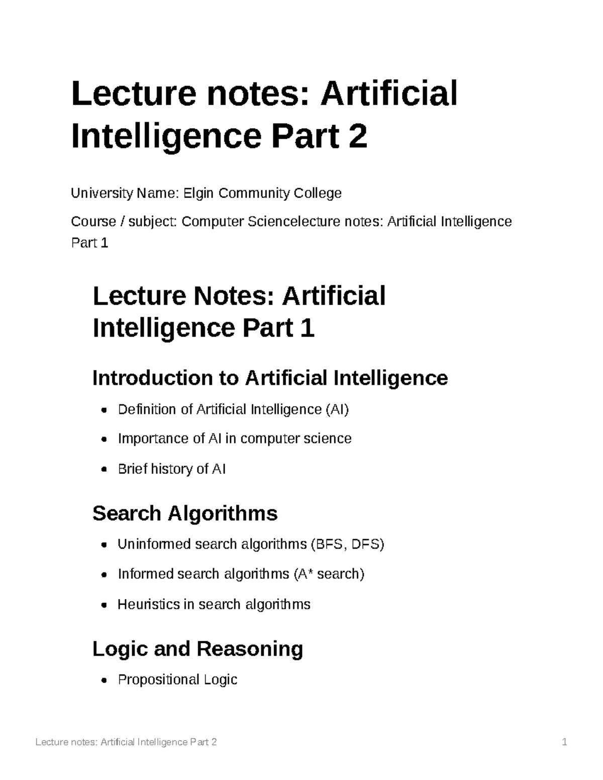 Lecture Notes Artificial Intelligence Part 2 Lecture Notes Artificial Intelligence Part 2