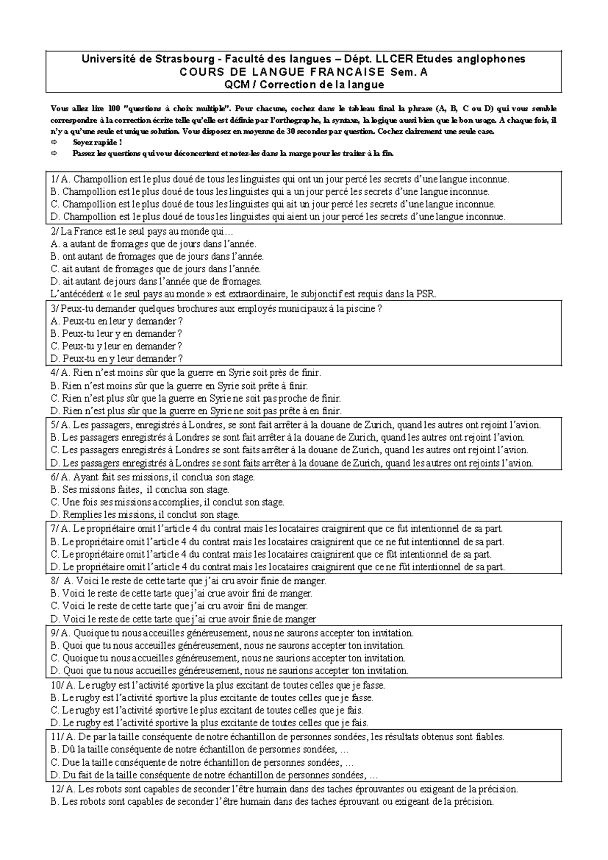 QCM pour sentraîner - qcm de francais pour s'entrainer - Université de ...