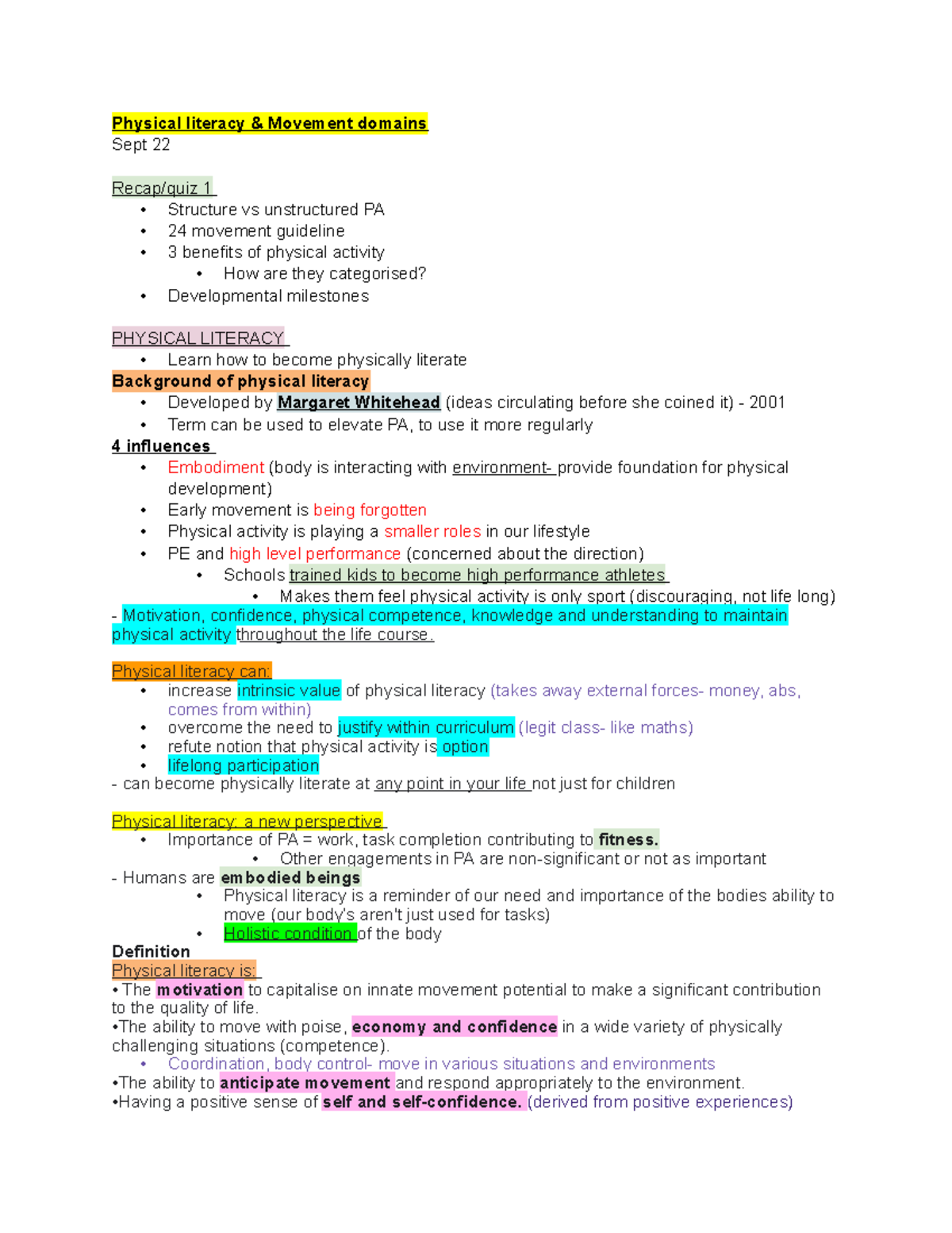 W2-physical literacy and movement domains Notes - Physical literacy ...