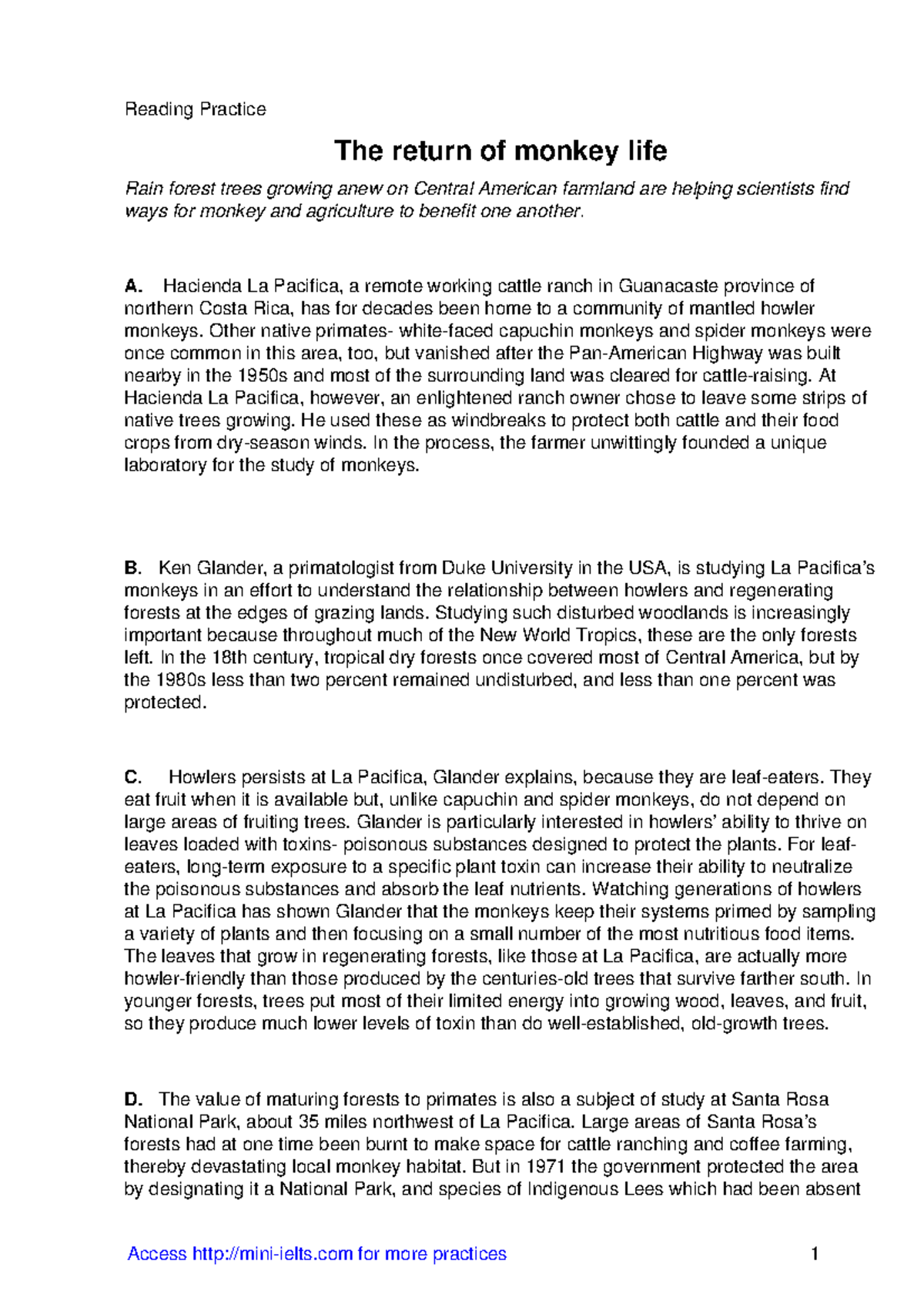 The return of monkey life - Reading Practice The return of monkey life ...