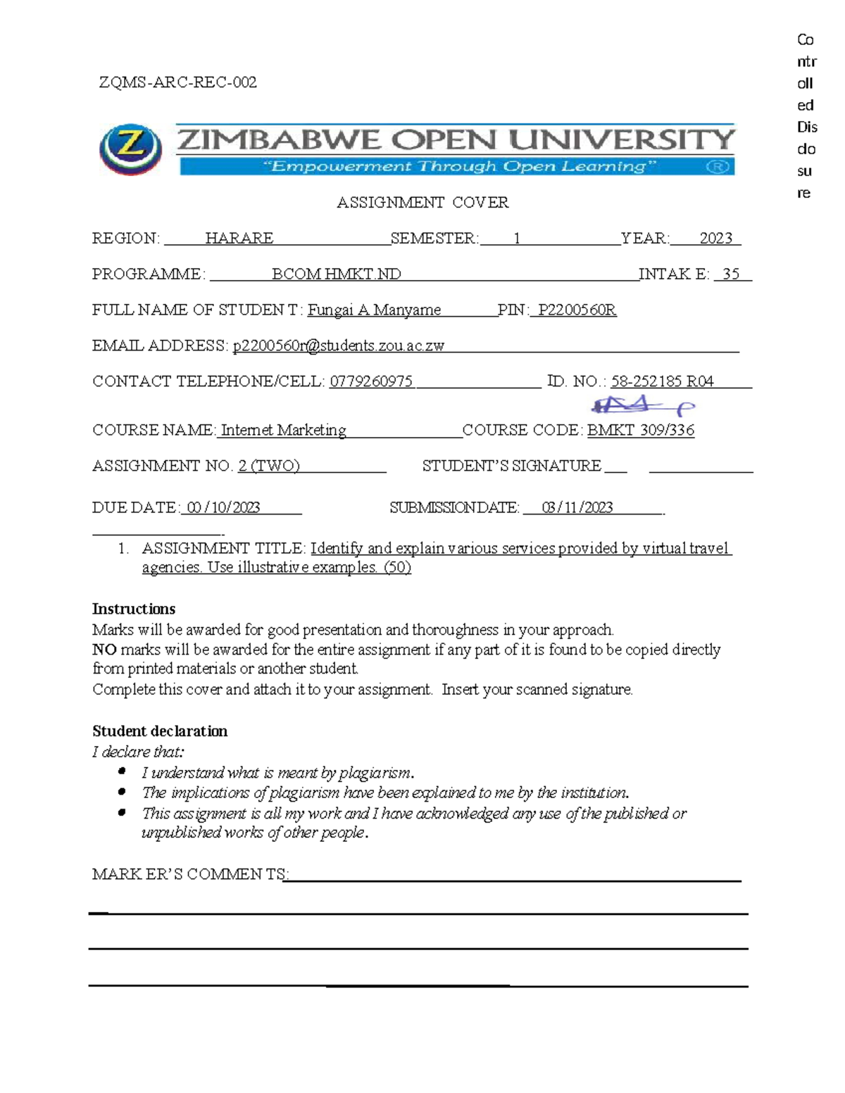 Internet Marketing Assignment 2 - ntr oll ed Dis clo su re ZQMS-ARC-REC ...