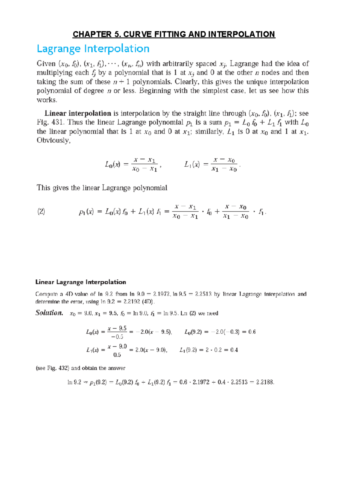 Chapter-5- Interpolation 071147 - CHAPTER 5. CURVE FITTING AND INTERPOLATION L 2 (x) = (x - x 0 ...