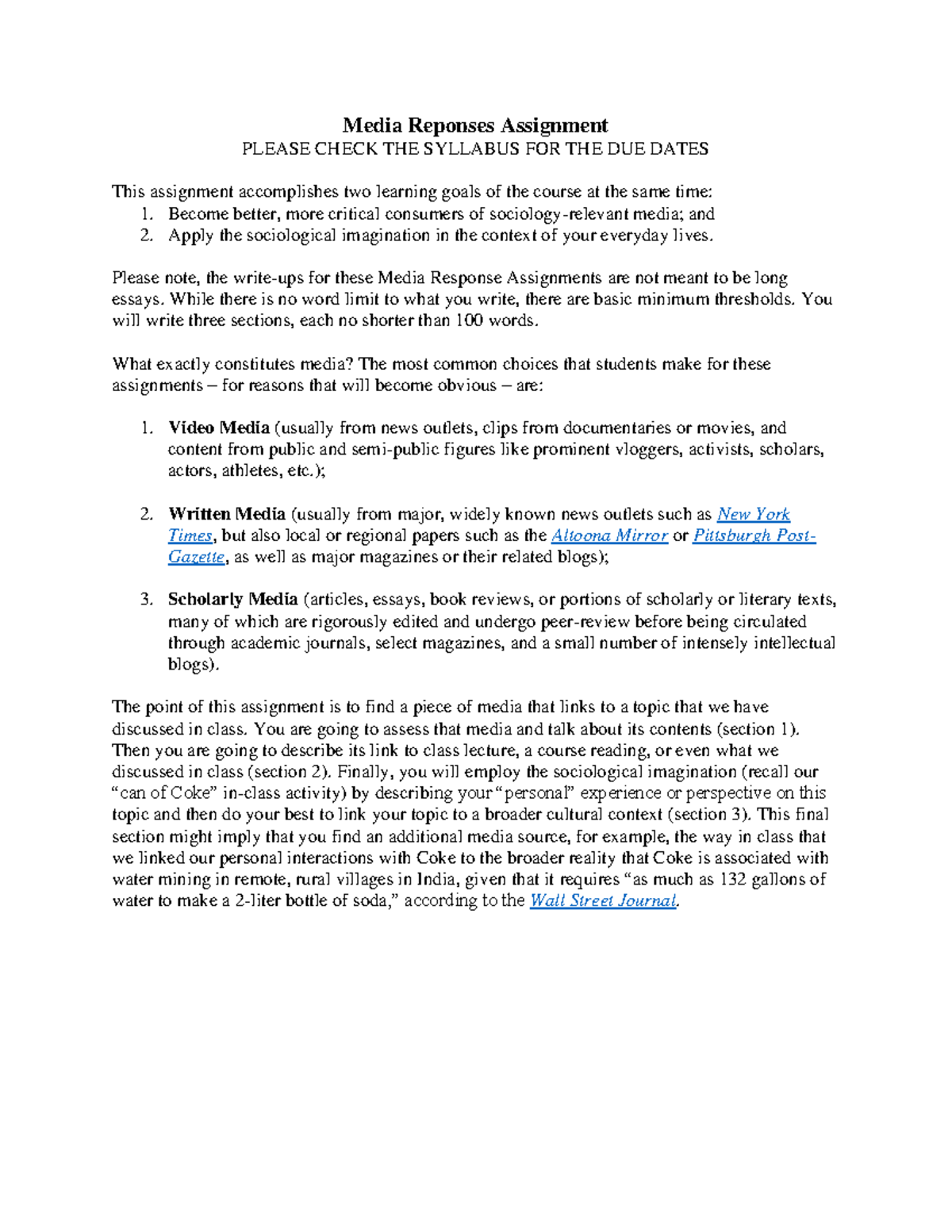 Media Response Instructions - Media Reponses Assignment PLEASE CHECK ...