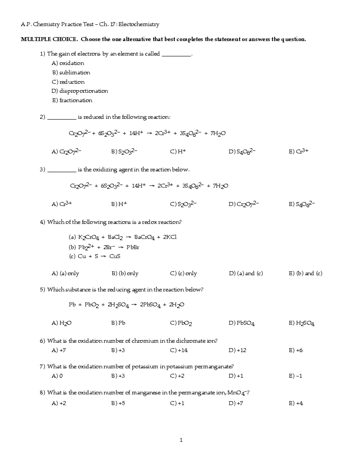 Ap practice test MC with key - A. Chemistry Practice Test - Ch. 17 ...