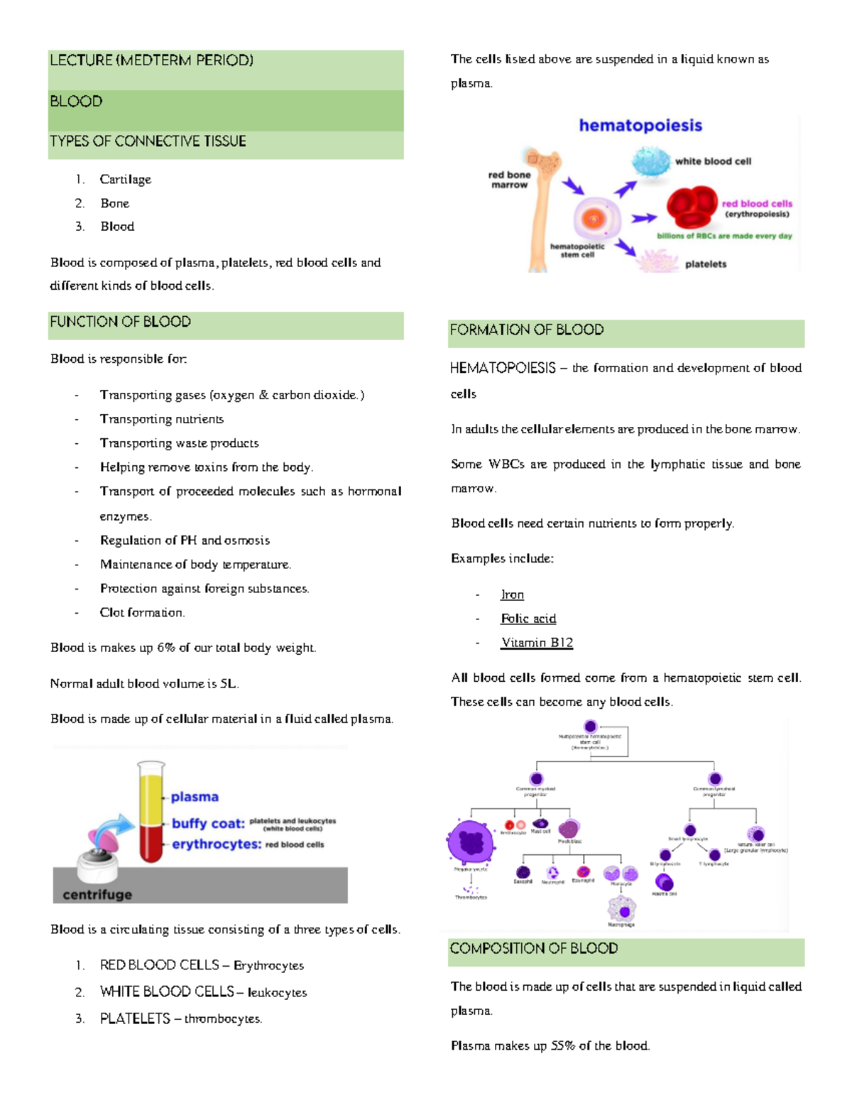 Blood notes - Cartilage Bone Blood Blood is composed of plasma ...