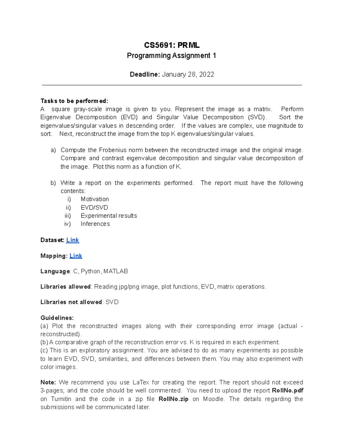 Assignment 1 on eigen value decompostion and singular value decomposition - CS5691: PRML ...