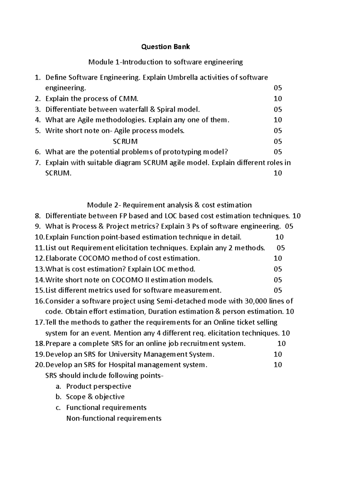 Sepm Modulewise Questions Asked In Prev University Exams Question Bank Module 1 Introduction