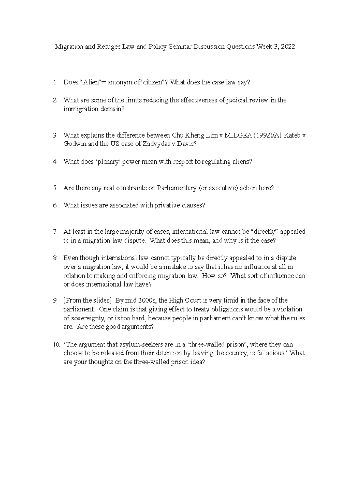 Week 3 Seminar Questions - Migration and Refugee Law and Policy Seminar ...