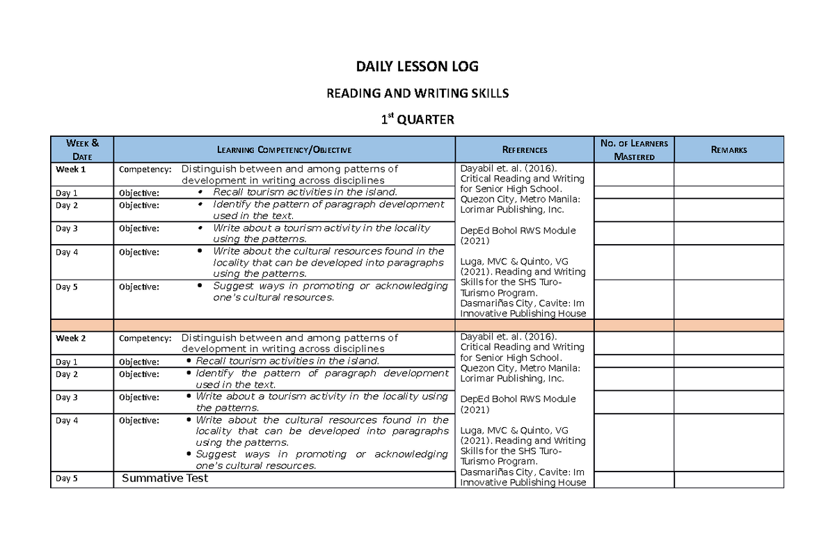 RWS Q12 SHS English- Daily- Lesson-LOG - DAILY LESSON LOG READING AND ...
