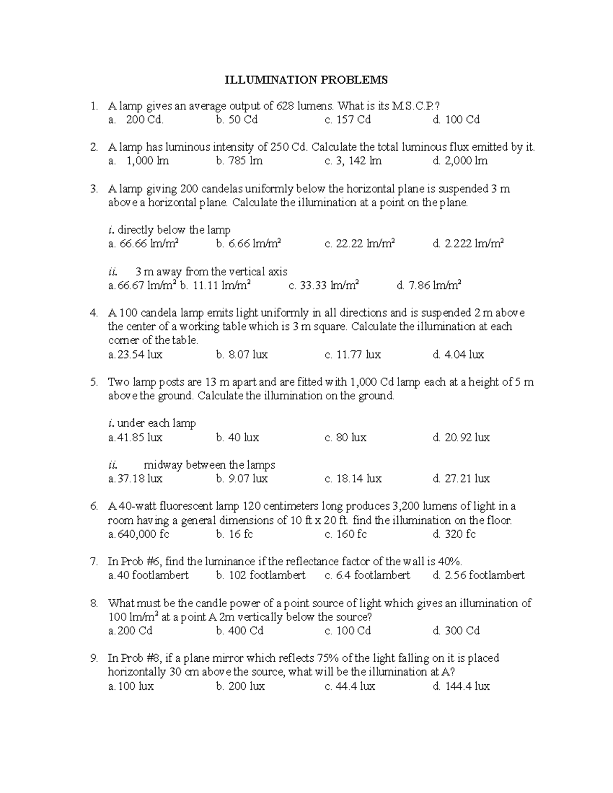 Illumination- Supplementary Problems - ILLUMINATION PROBLEMS A lamp ...