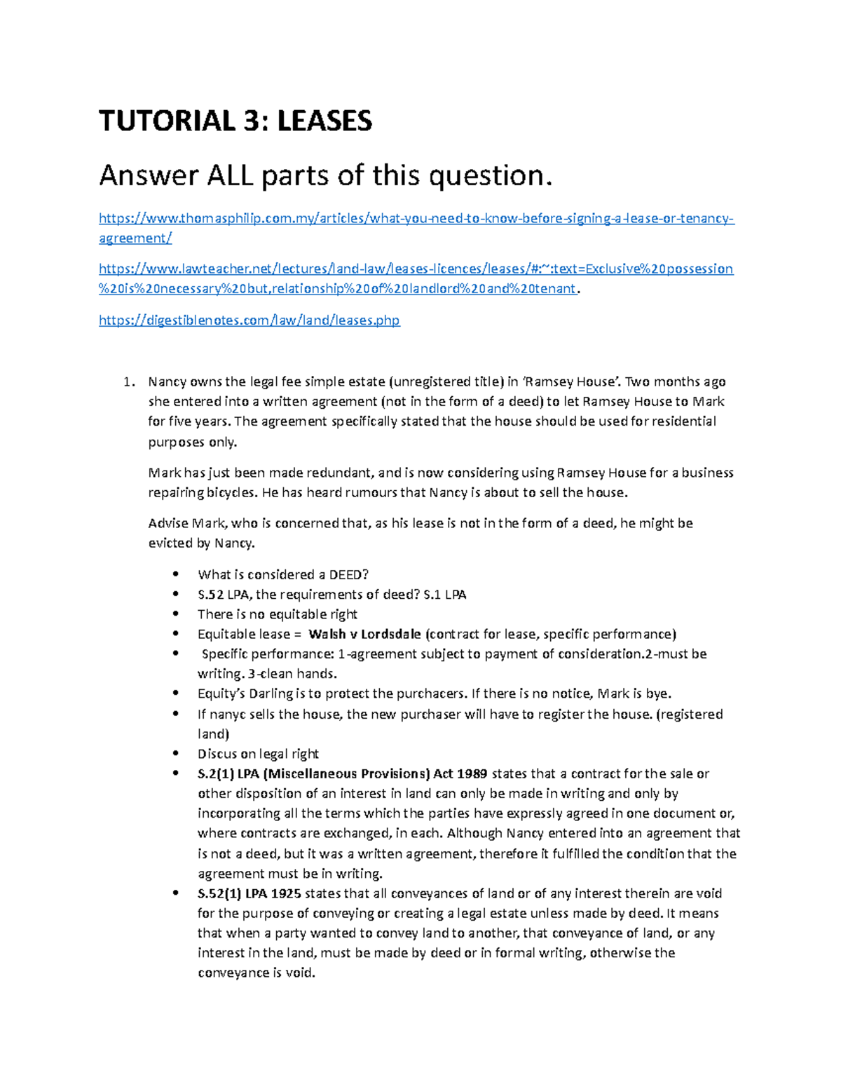 T3- leases - Notes or example questions or answers. - TUTORIAL 3 ...