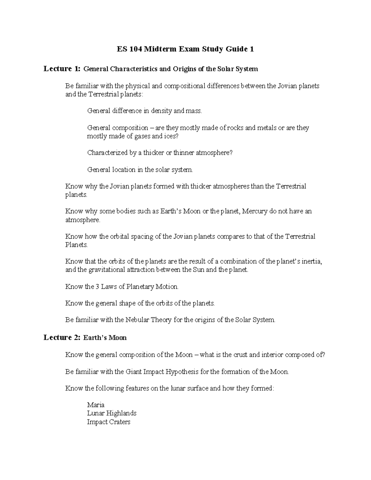 ES 104 MT 1 Study Guide - ES 104 Midterm Exam Study Guide 1 Lecture 1: General Characteristics ...