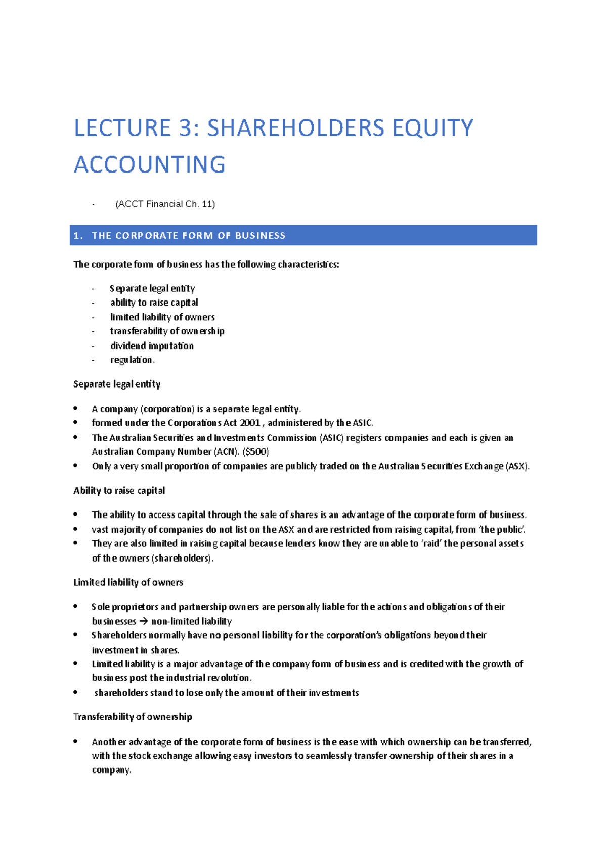Lecture 3- shareholders equity and accounting - LECTURE 3: SHAREHOLDERS ...