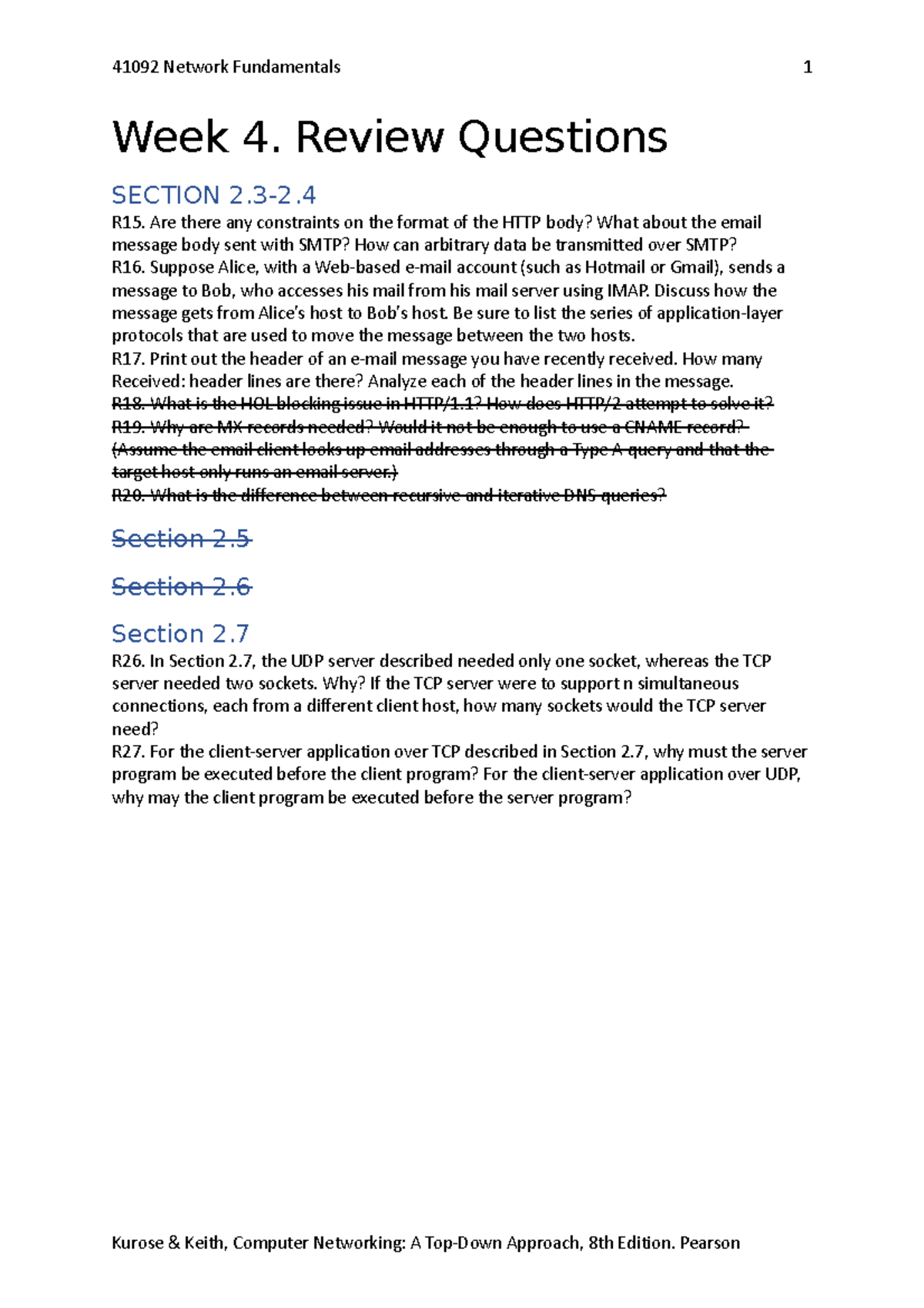 Week4-Review Question - 41092 Network Fundamentals Week 4. Review Questions SECTION 2-2. R15 ...