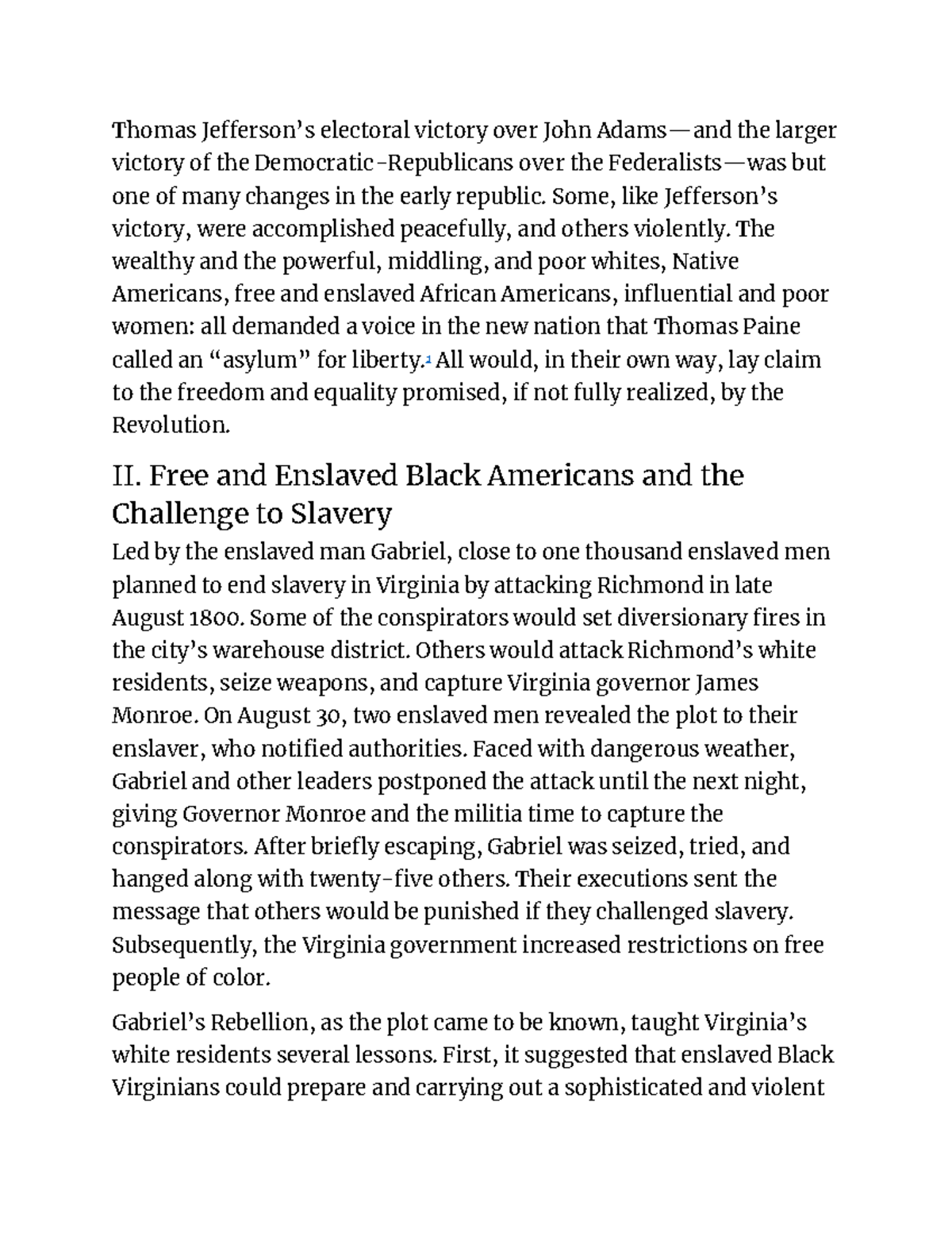 The Early Republic - Notes - Thomas Jefferson’s electoral victory over ...