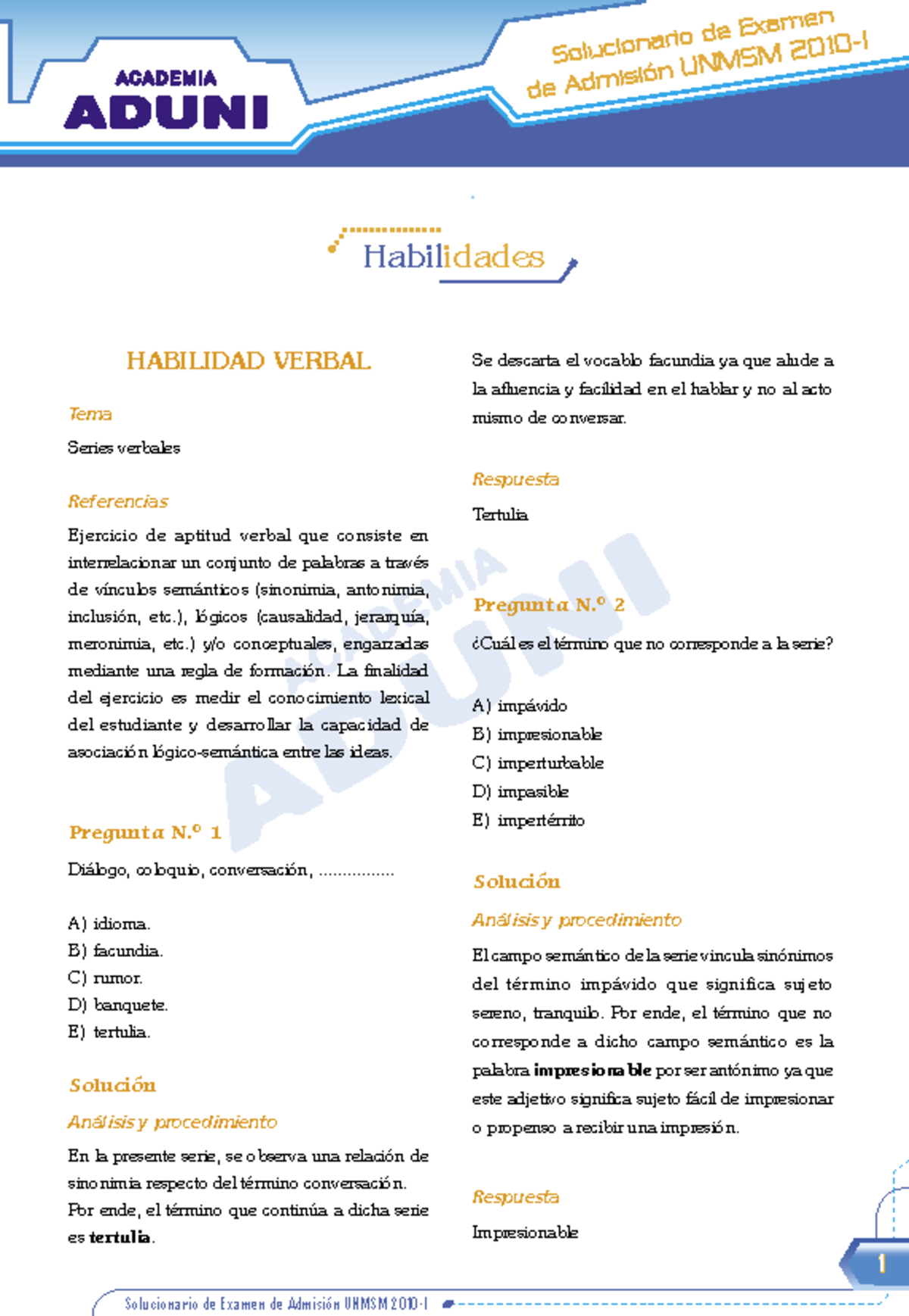 Razonamiento Verbal Preguntas del examen Danny - 11 HABILIDAD VERBAL Tema Series verbales - Studocu
