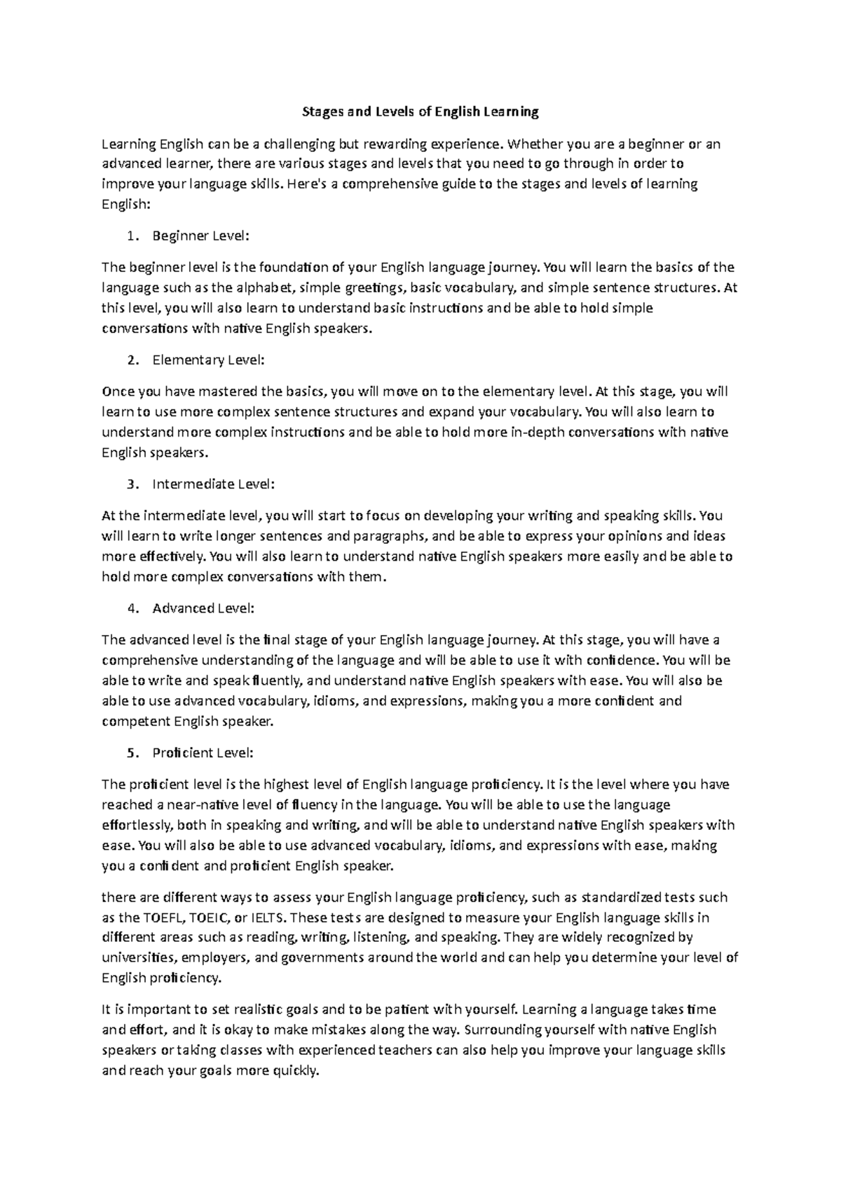 Stages and Levels of English Learning - Stages and Levels of English ...