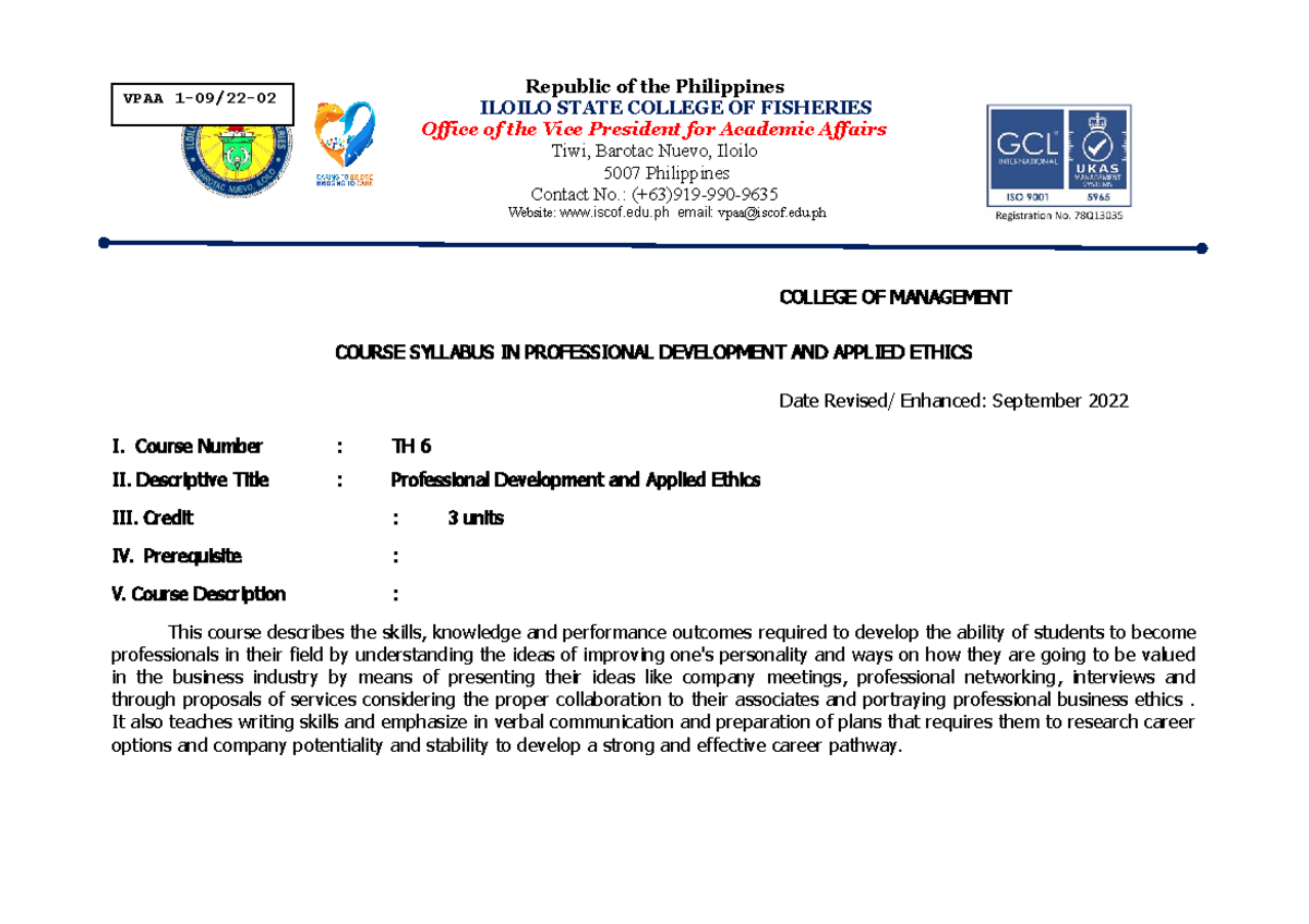 TH 6 Professional Development and Applied Ethics - ILOILO STATE COLLEGE ...