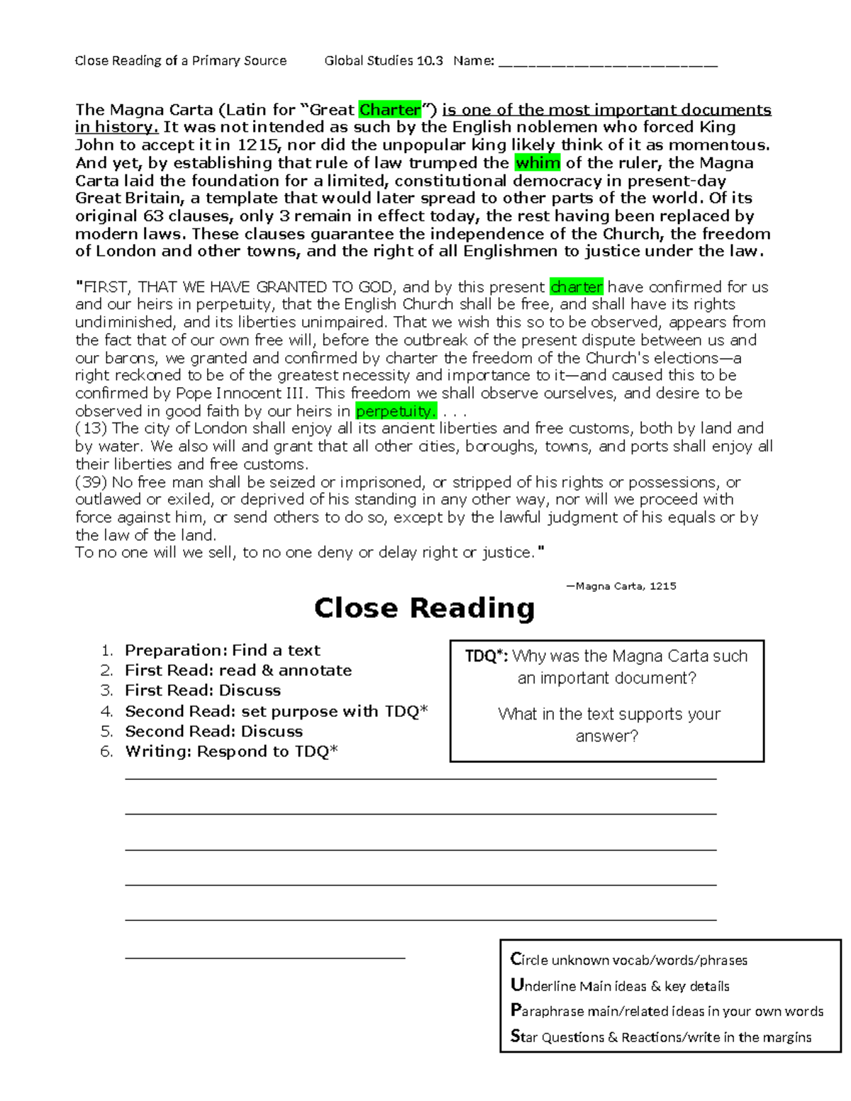 Ch103World History Close Readingofa Primary Source Common Core ...