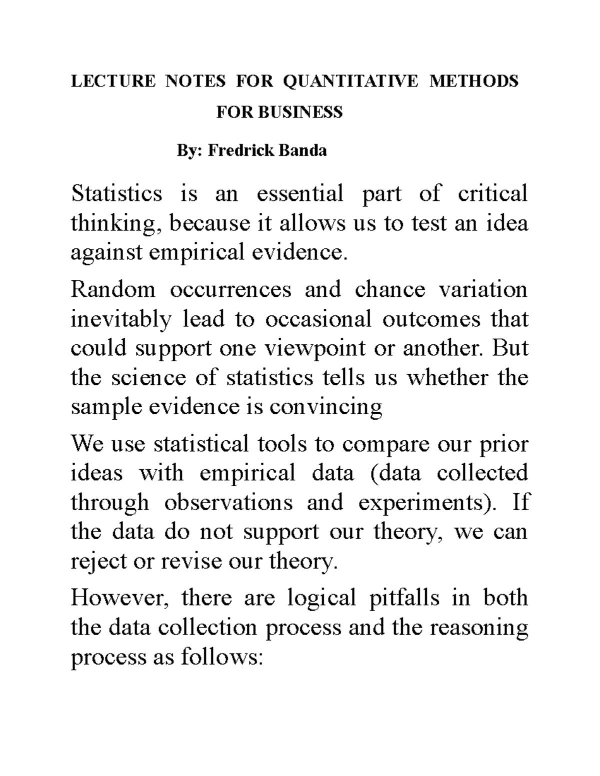 Lecture Notes For Quantitative Methods For Business Lecture Notes For Quantitative Methods For