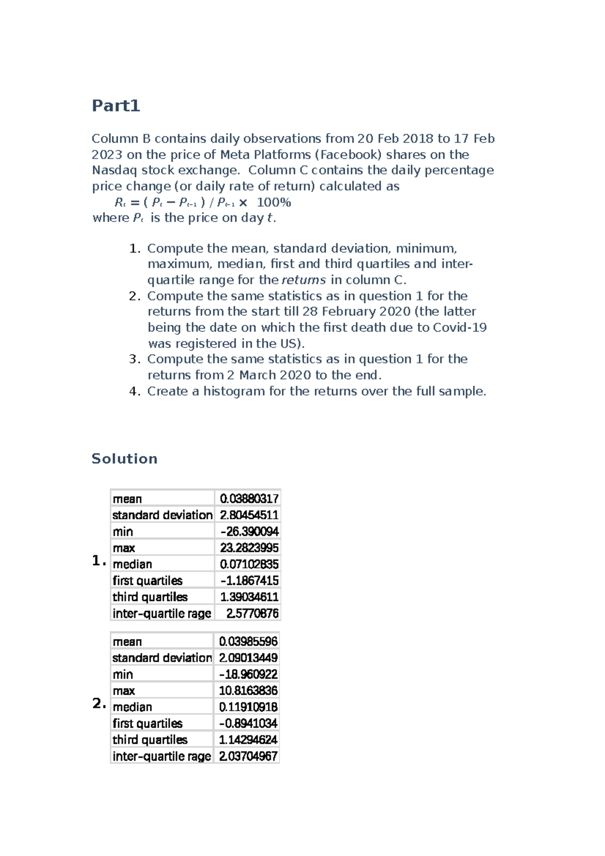 Pre-quiz questions 1 - worksheet - Part Column B contains daily ...