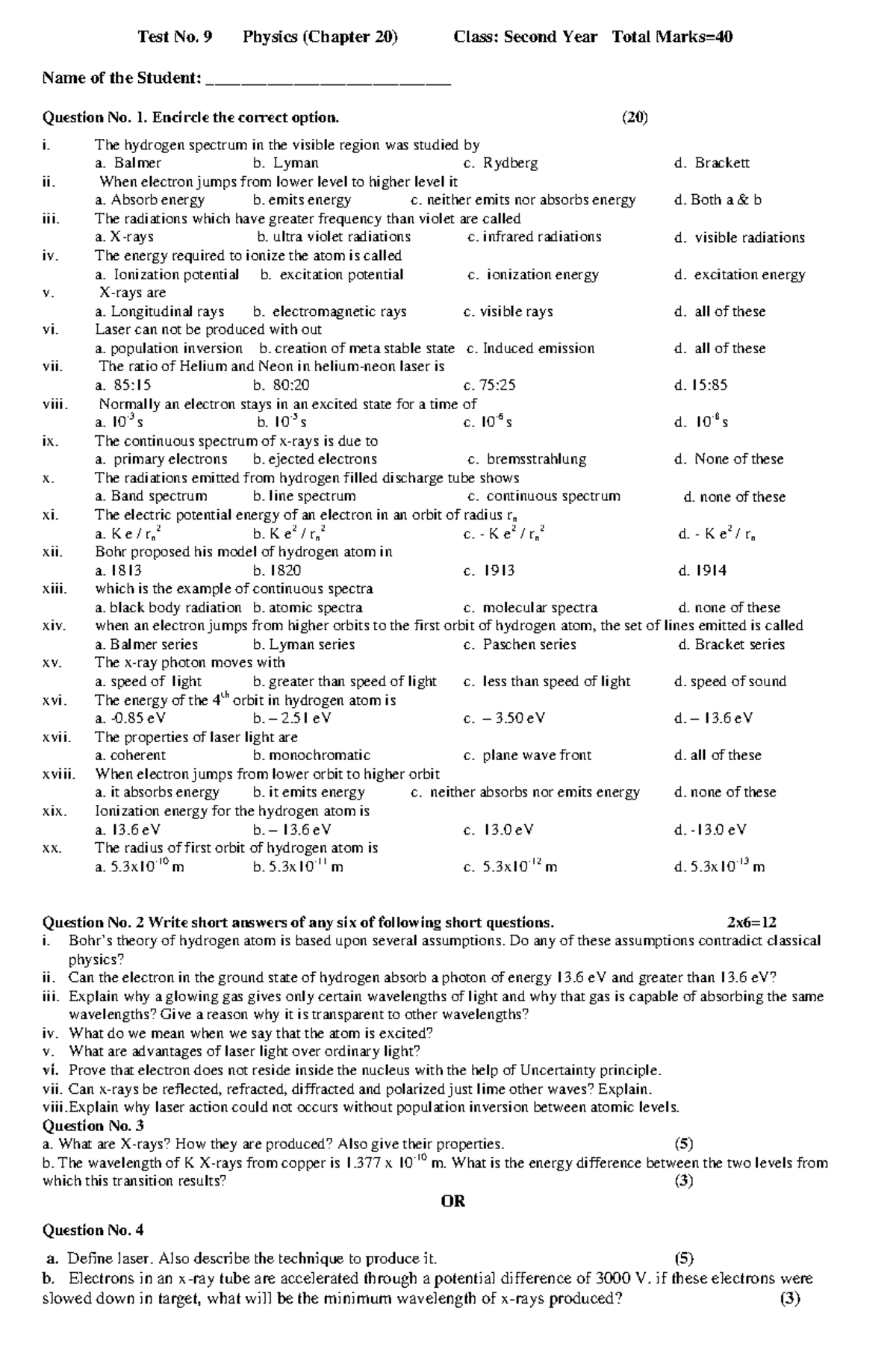 Test Chapter 20 - Notes - Test No. 9 Physics (Chapter 20) Class: Second ...