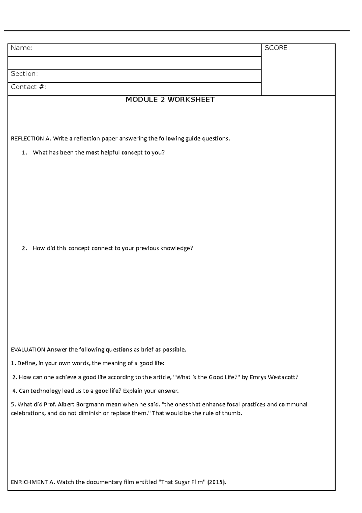 Occ-module-2 (3)asc - Name: SCORE: Section: Contact #: MODULE 2 ...