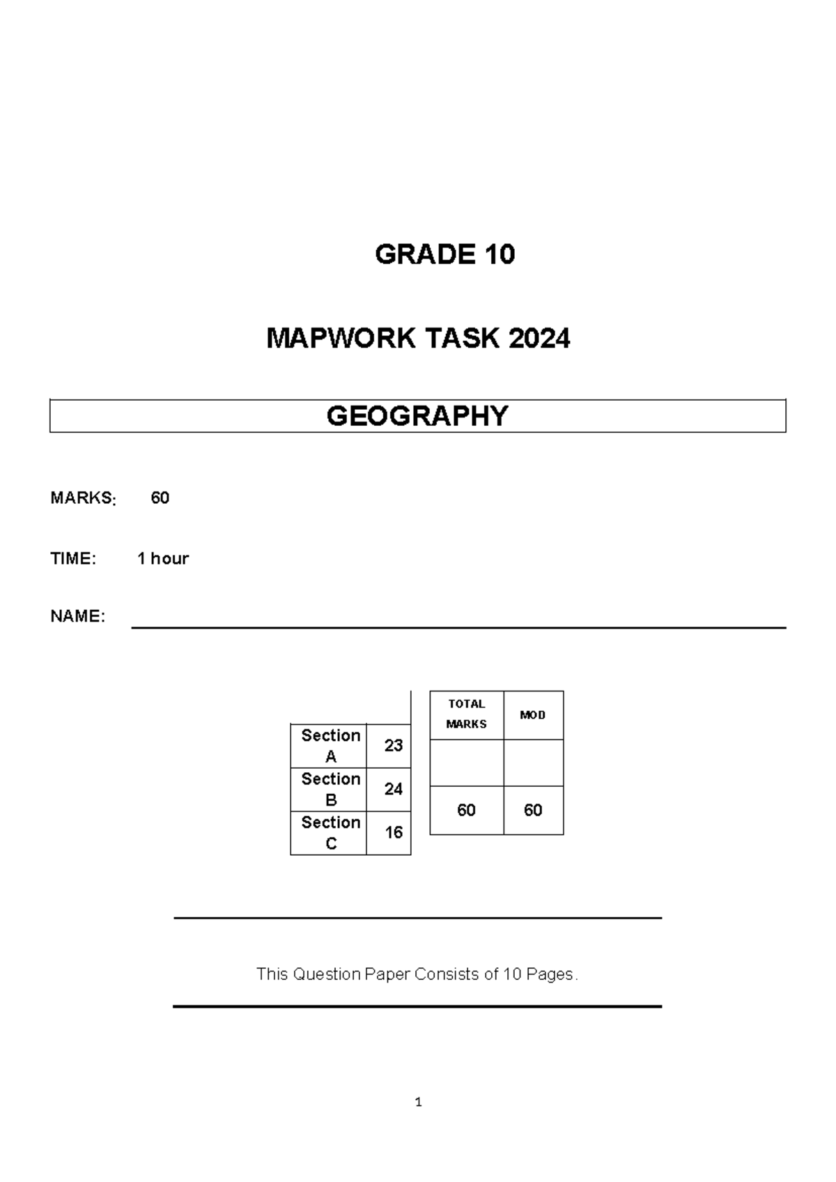 Mapwork TASK '24 - ITS JUST QUESTION PAPER - GRADE 10 MAPWORK TASK 2024 ...