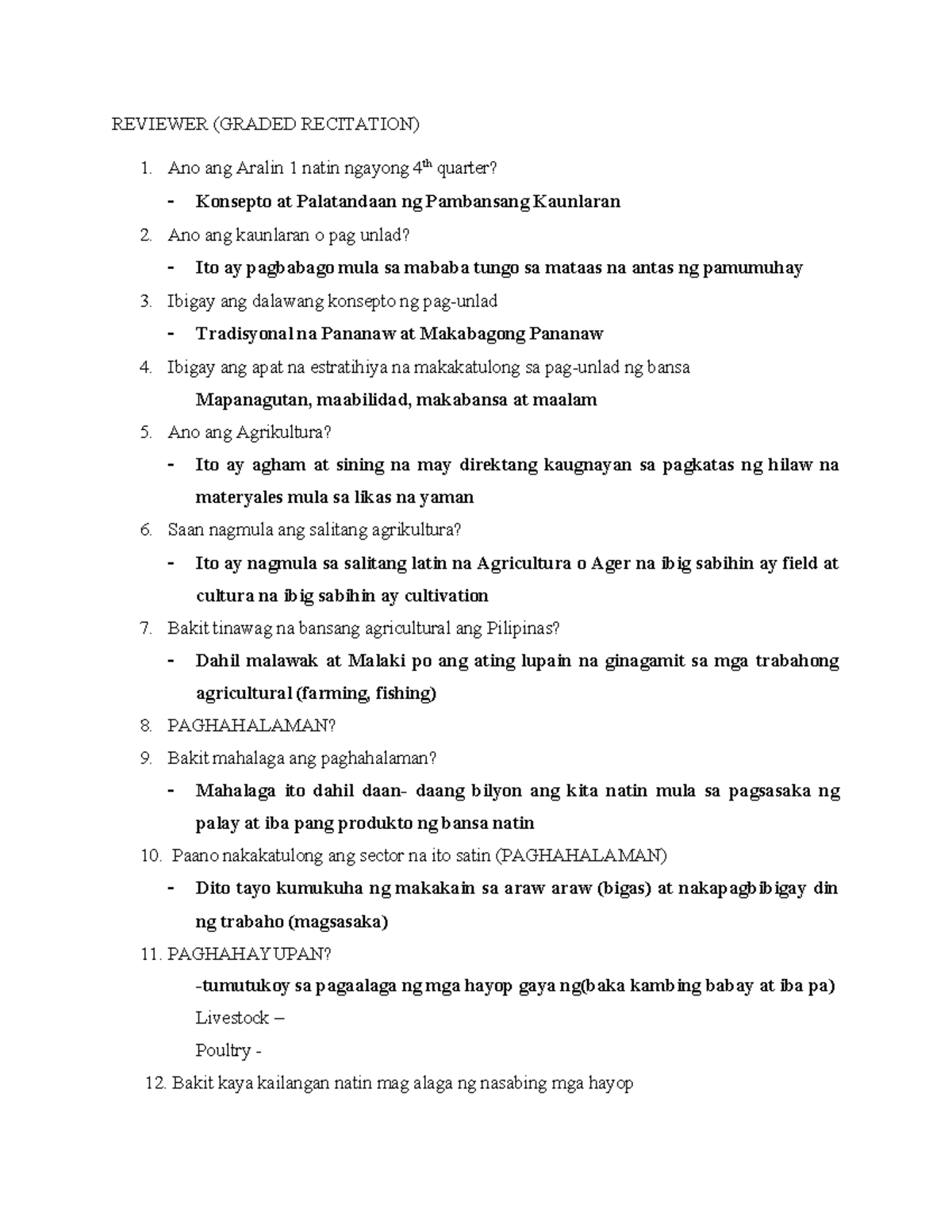 Reviewer-ORAL- Recitation - REVIEWER (GRADED RECITATION) Ano ang Aralin ...