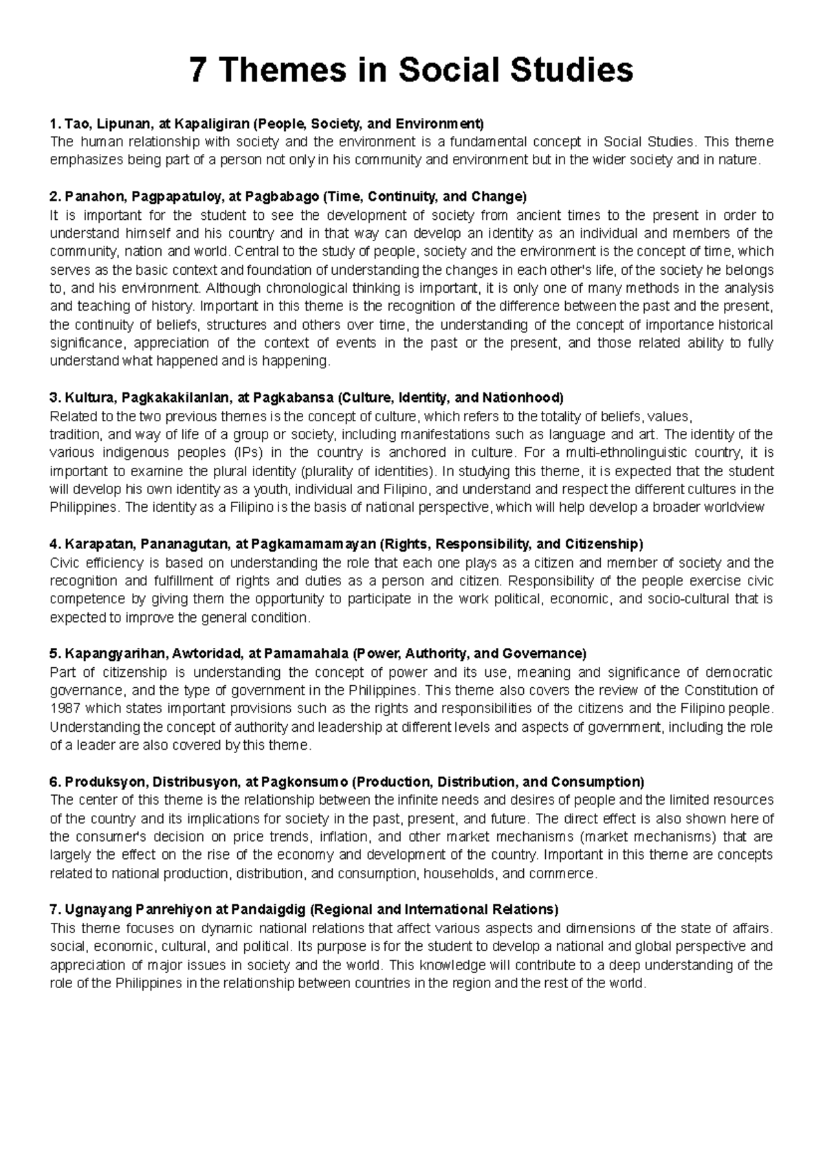 Seven Themes in Social Studies - 7 Themes in Social Studies 1. Tao ...